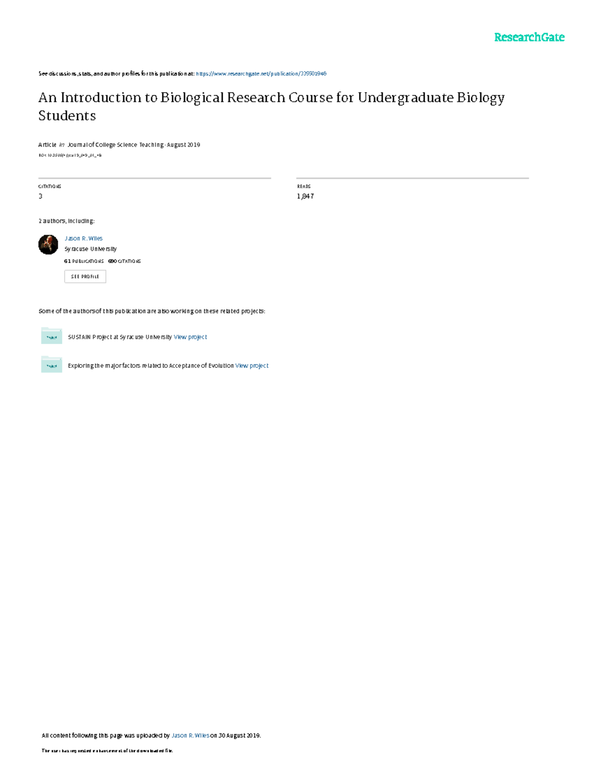 An Introduction to Biological Research Course for Undergraduate Biology ...