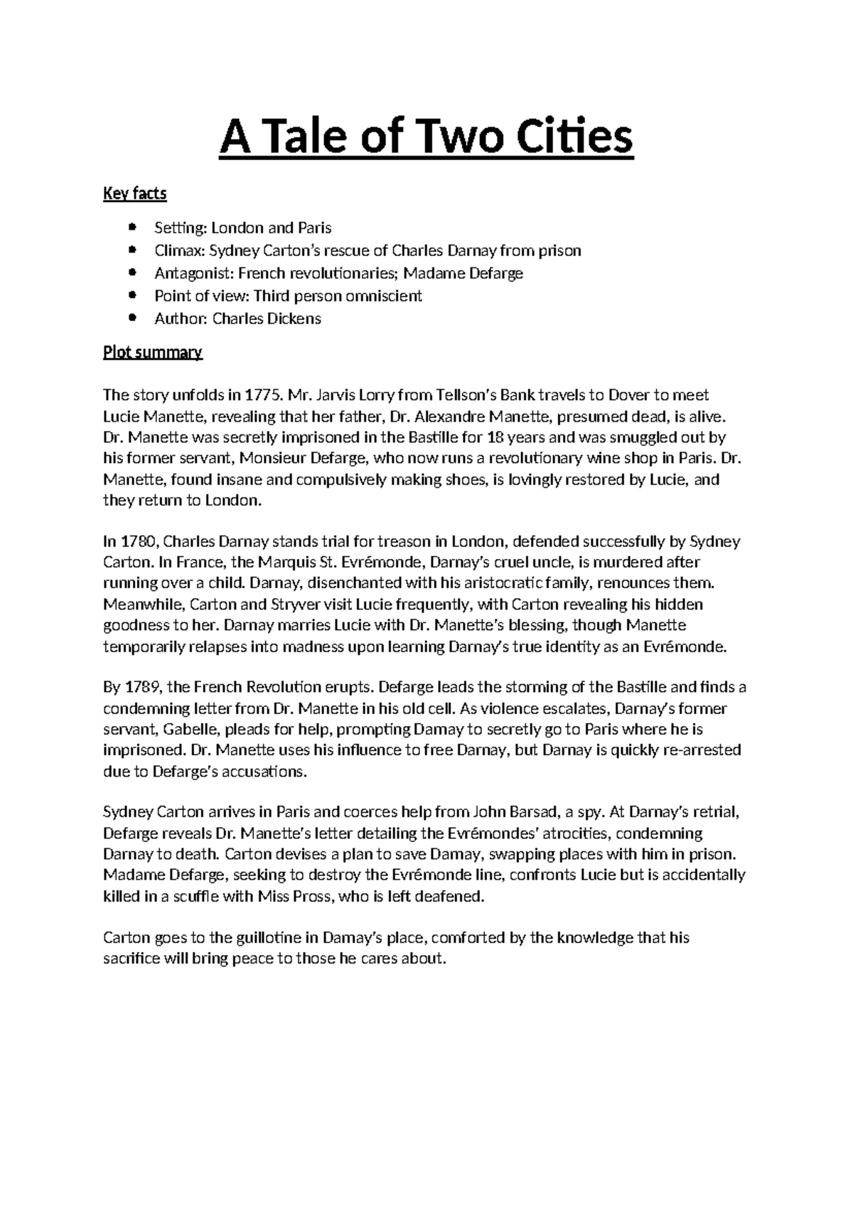 Tail of two cities - A Tale of Two Cities Key facts Setting: London and ...