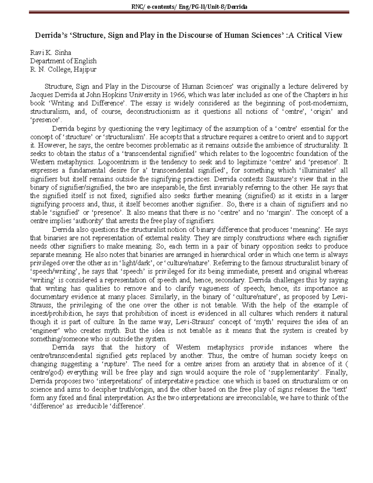 Eng PG-II CC-8 Unit-IV Derrida Ravi K Sinha - RNC/ e-contents/ Eng/PG ...
