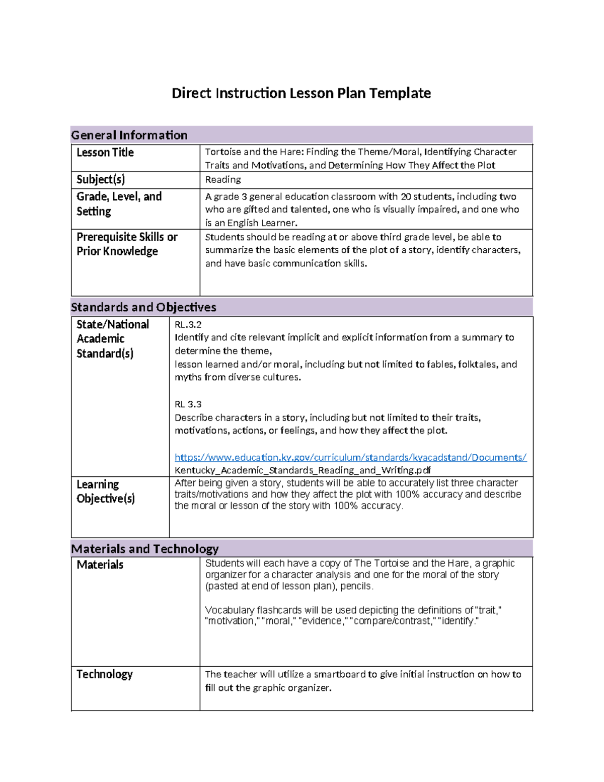 C909 Methods reading task 1 - Direct Instruction Lesson Plan Template General Information Lesson ...