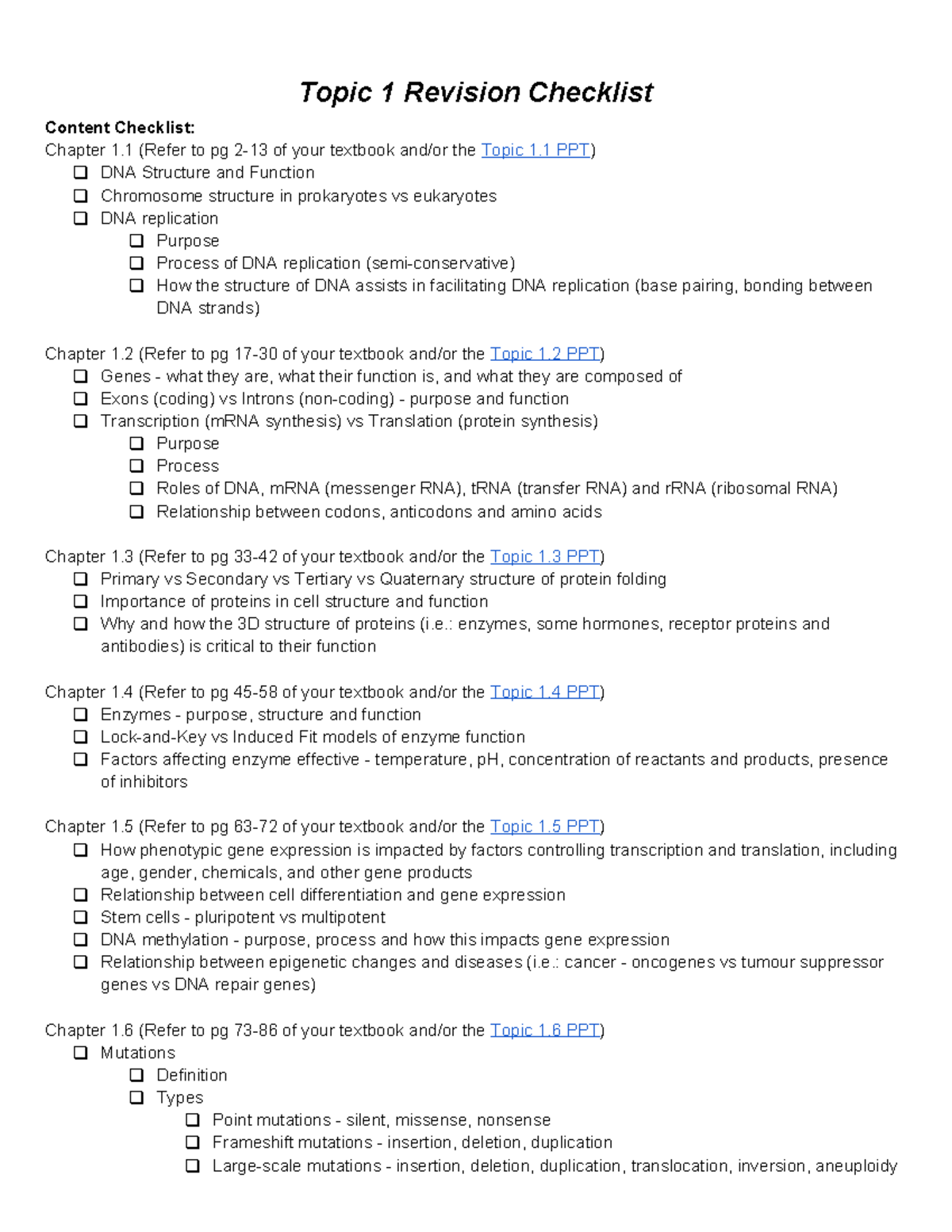 Bio Revision Checklist - Topic 1 Revision Checklist Content Checklist ...