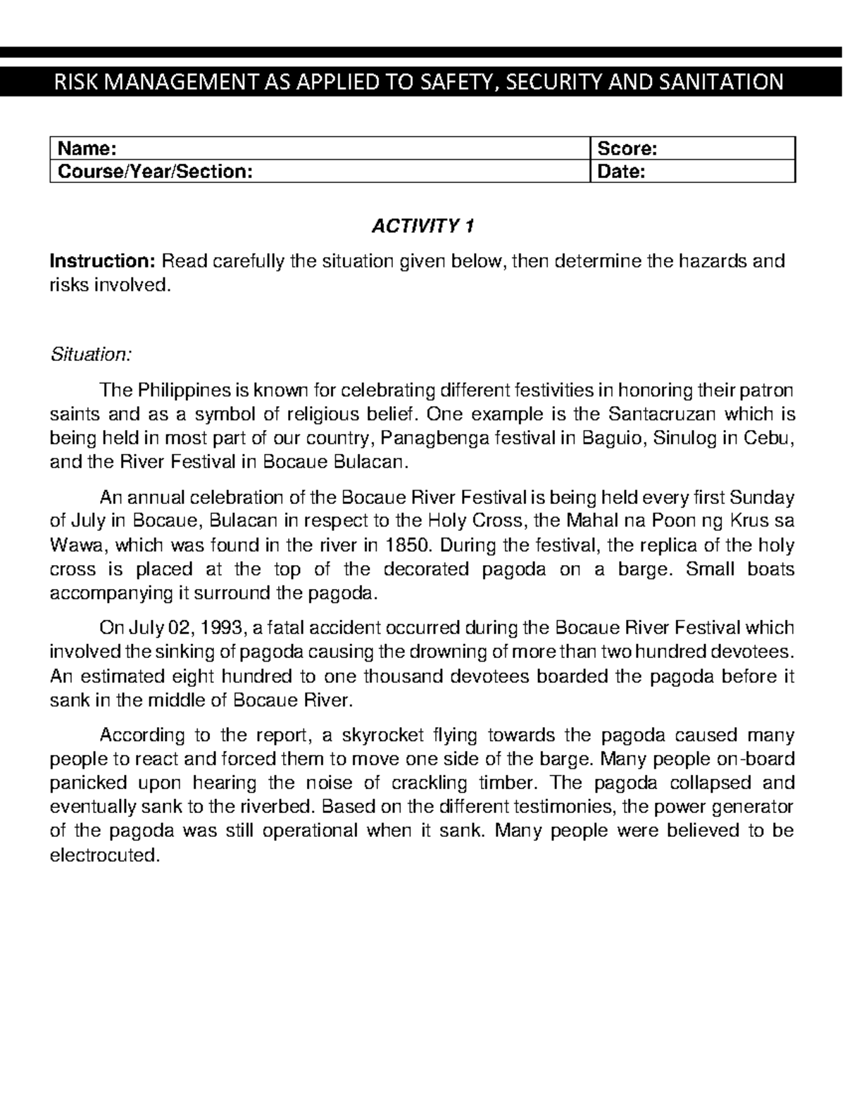 Risk-management-activity-1-and-2 - Name: Score: Course/Year/Section ...