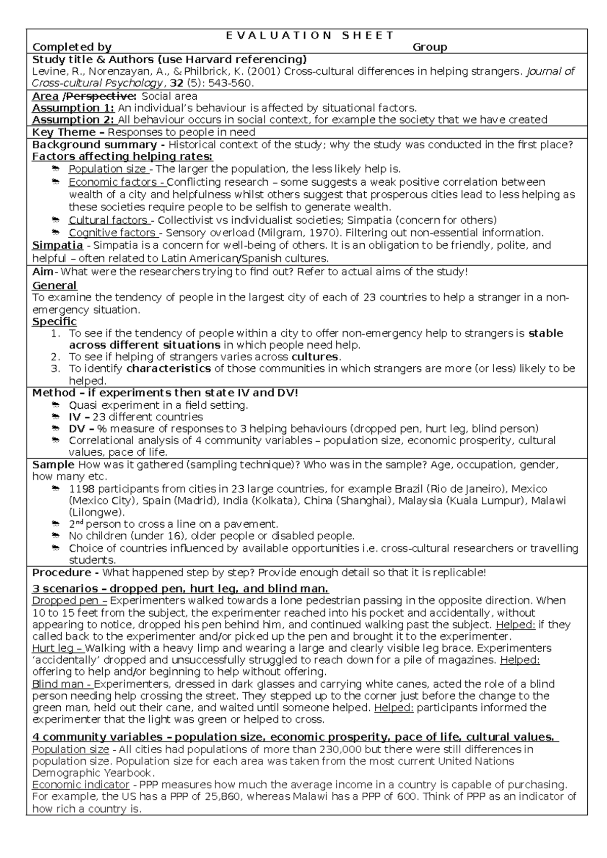 Levine e-sheet - Summary E-sheet - E V A L U A T I O N S H E E T ...