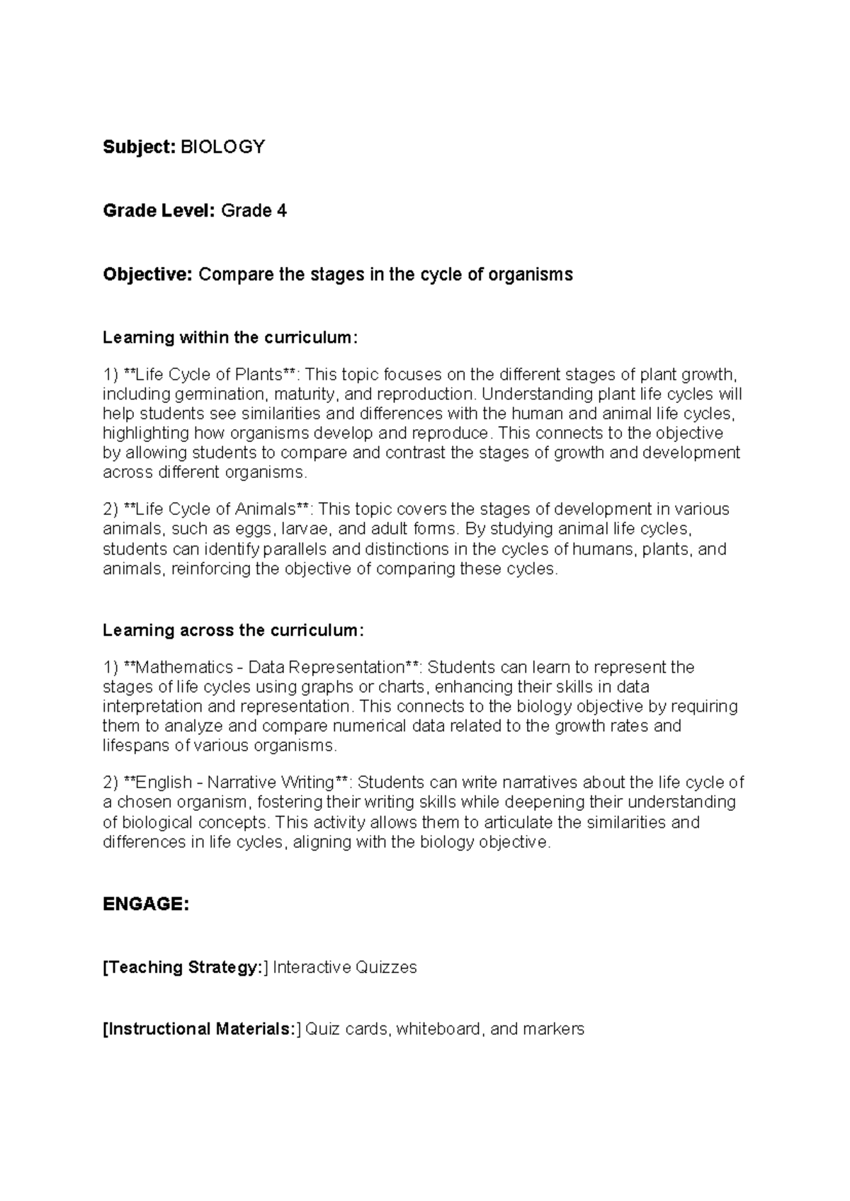 Lesson plan - Subject: BIOLOGY Grade Level: Grade 4 Objective: Compare ...
