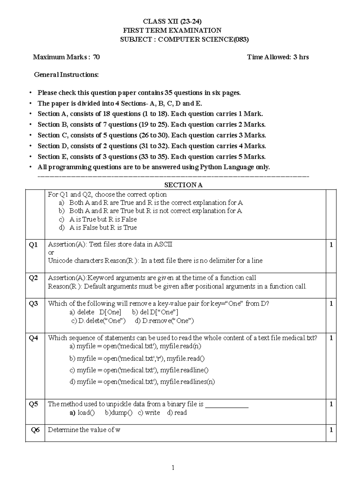 CS QP XII T1 2023-24 CS - CLASS XII (23-24) FIRST TERM EXAMINATION SUBJECT : COMPUTER SCIENCE ...