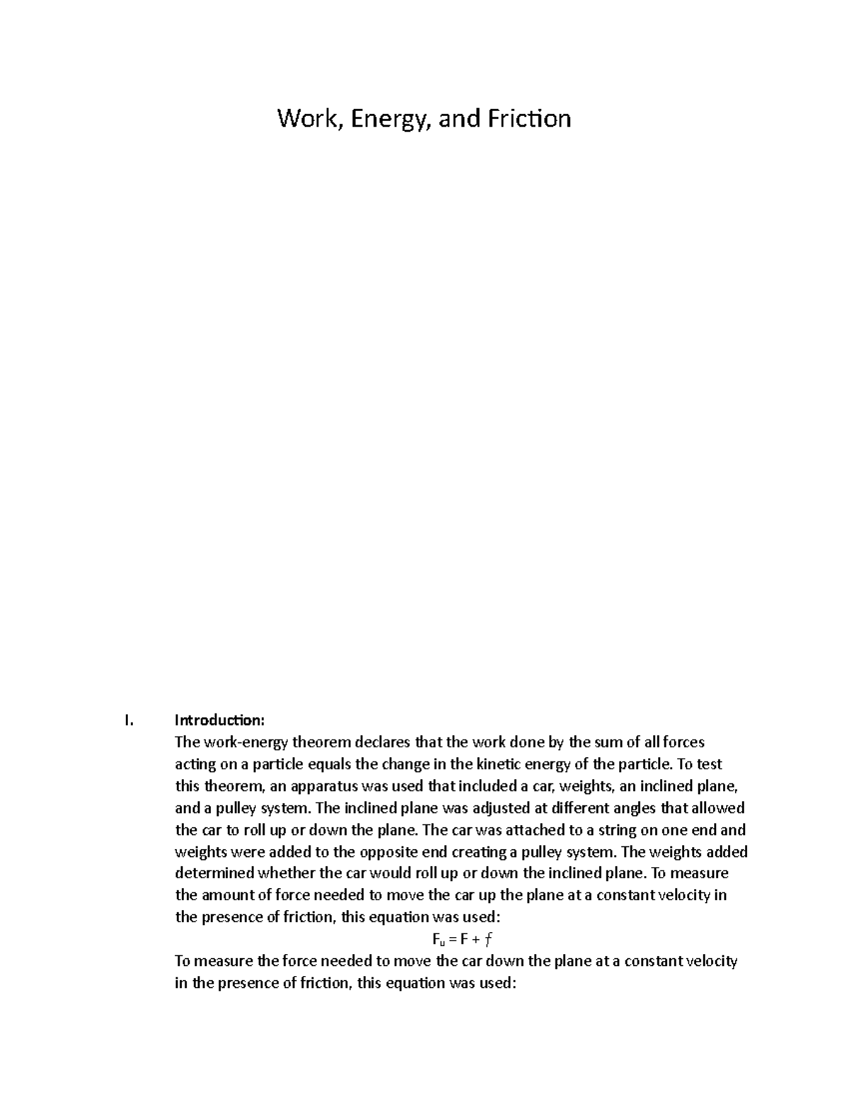 Work, energy, and theorem - Work, Energy, and Friction I. Introduction ...