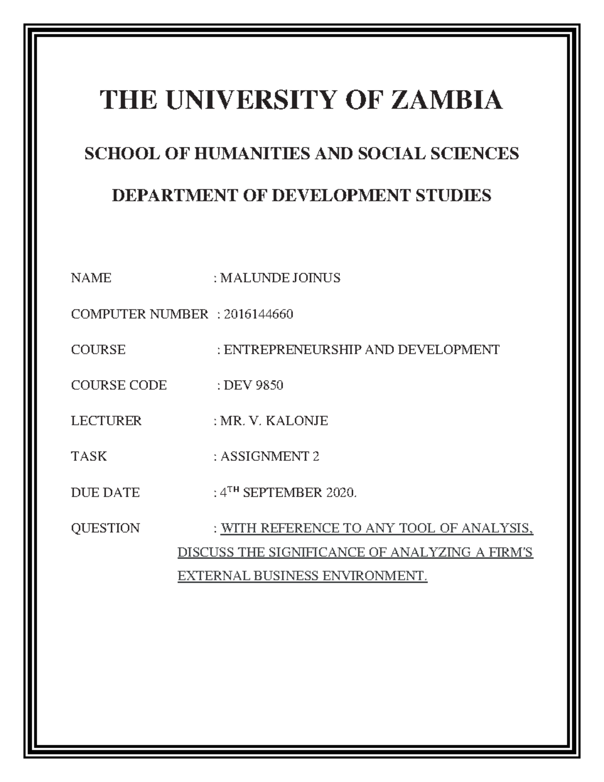 DEV 9850 assignment - Warning: TT: undefined function: 32 THE ...