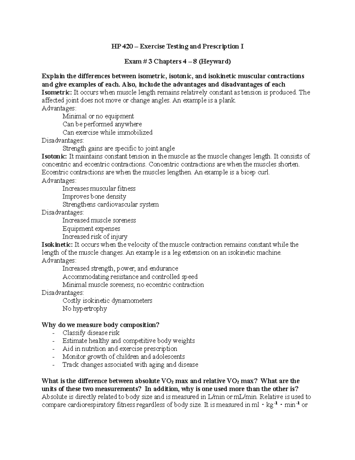 Exercise Testing - Exam 3 Study Guide - HP 420 – Exercise Testing and ...