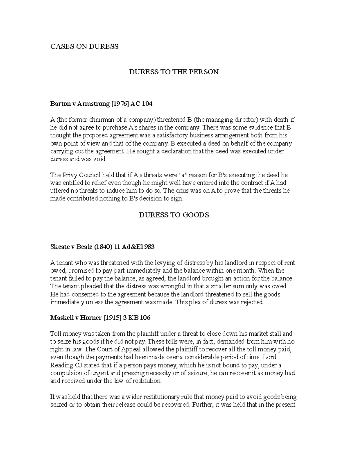 Case Briefs ON Duress - CASES ON DURESS DURESS TO THE PERSON Barton v ...