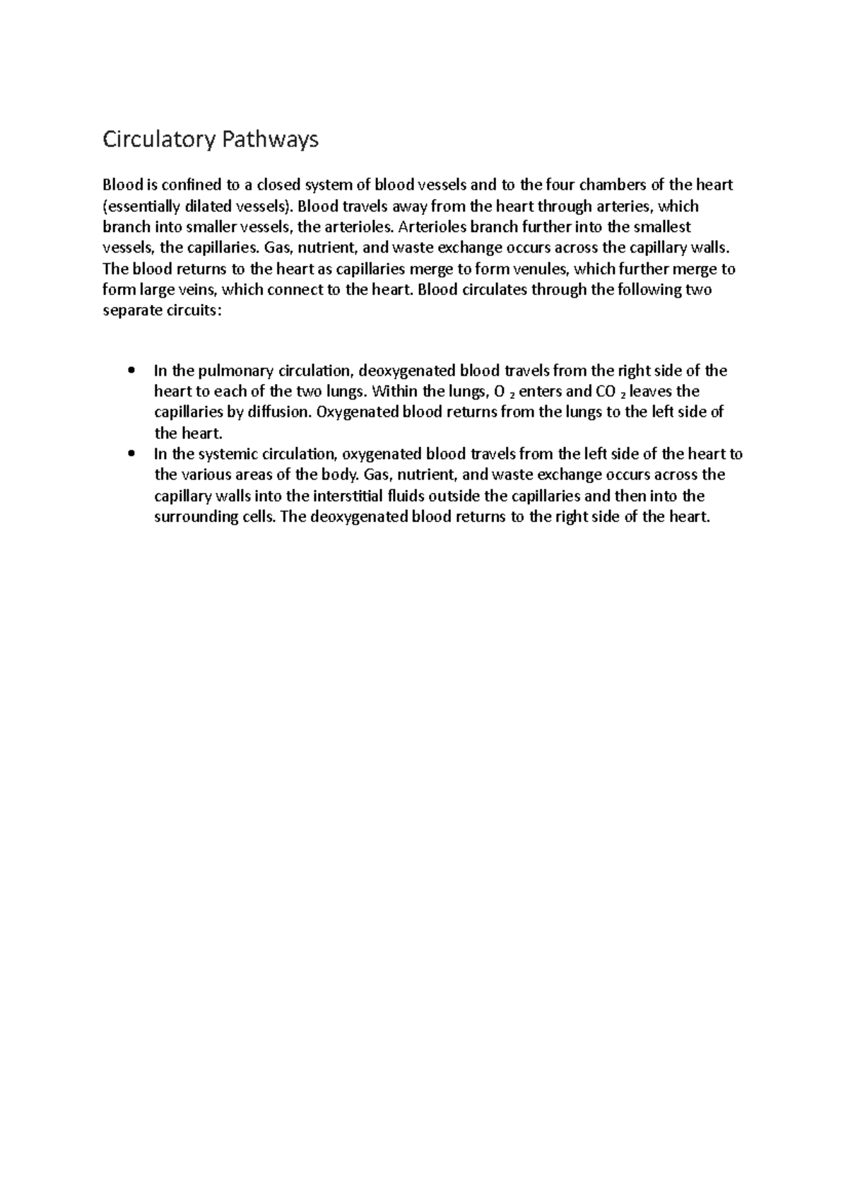 Circulatory pathways - lecture notes - Circulatory Pathways Blood is ...