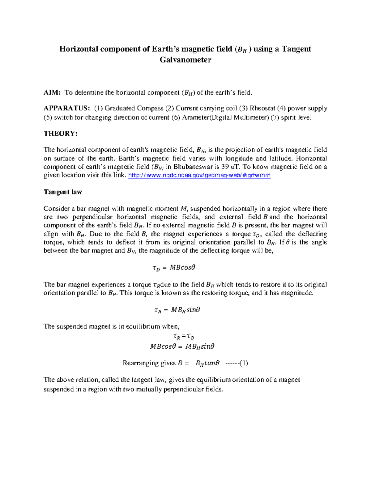 Tangent Galvanometer - Horizontal component of Earth’s magnetic field ...