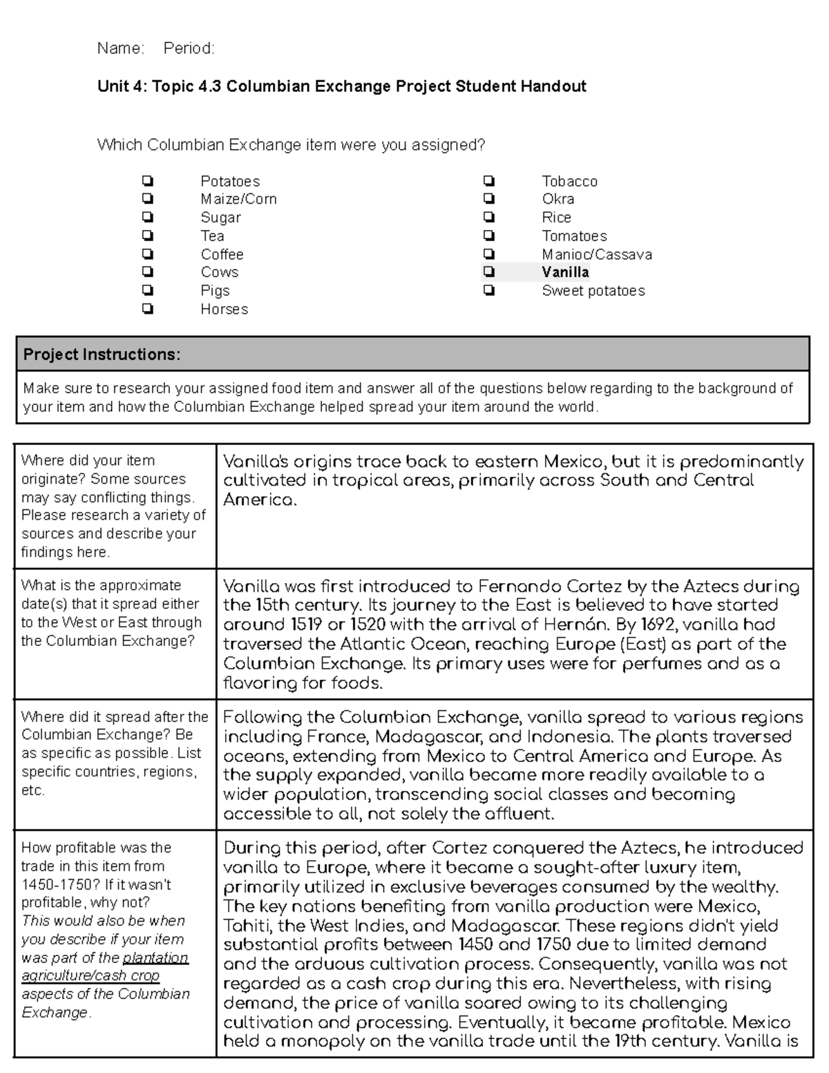 Copy Unit 4 Columbian Exchange Project Student Handout - Name: Period ...
