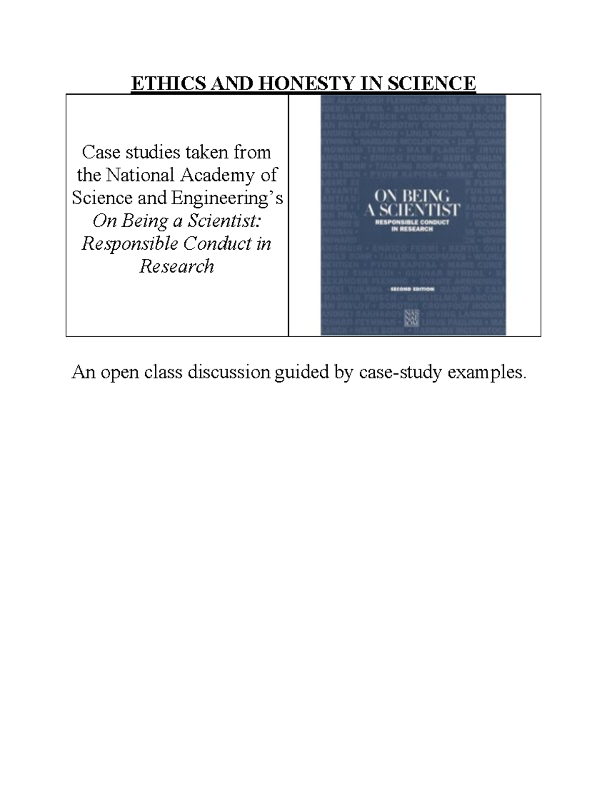 00. Ethics and Honesty in Science - ETHICS AND HONESTY IN SCIENCE Case ...