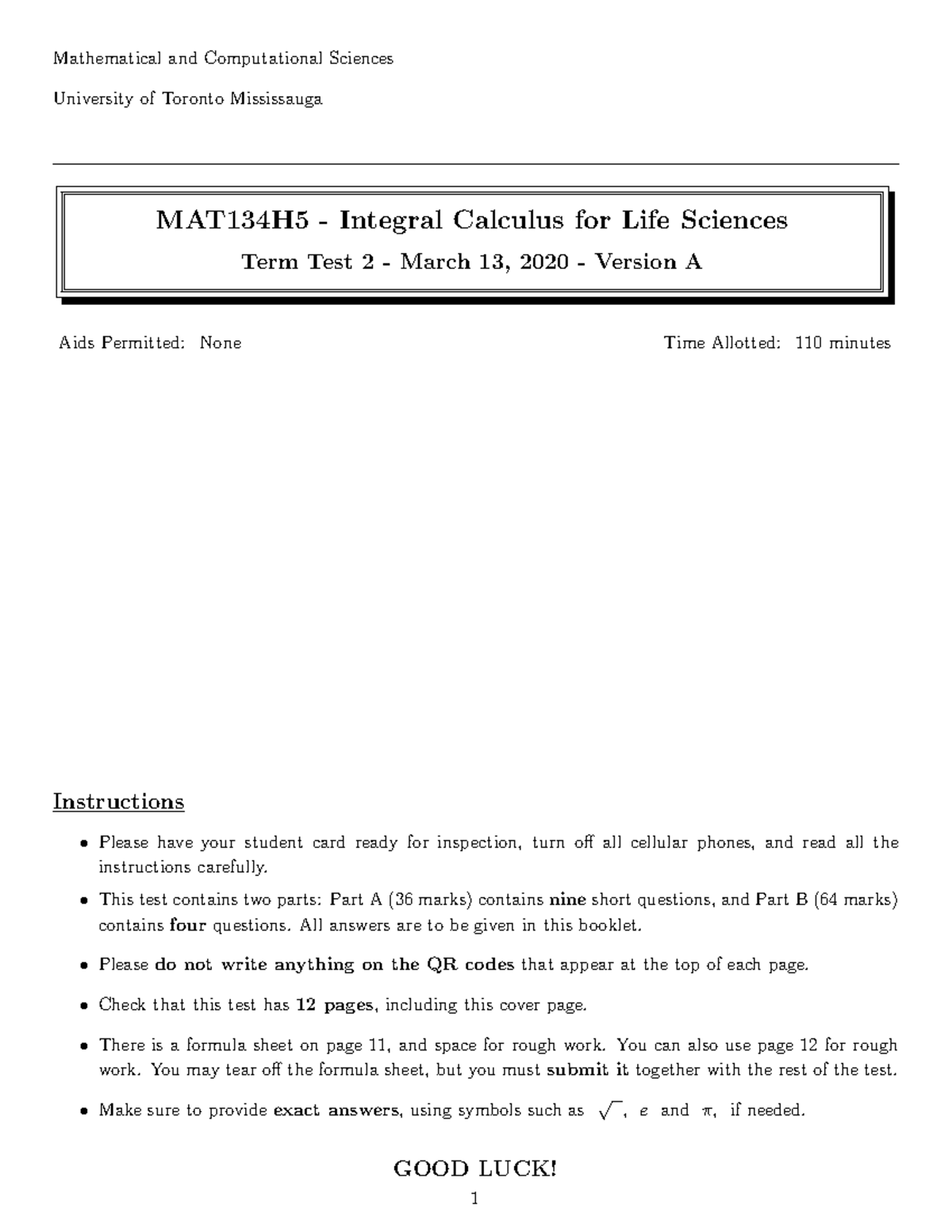 Term Test 2 MAT134 - Mat137Y1 - U of T - Studocu