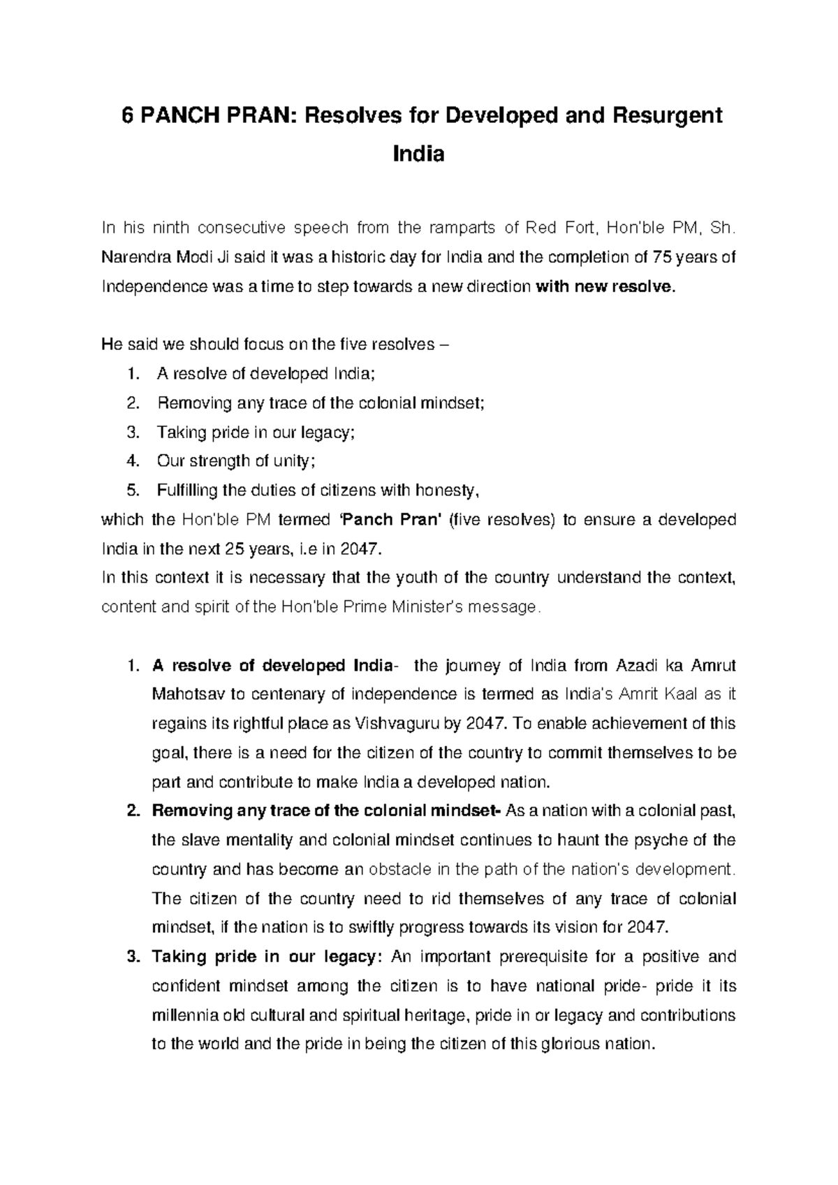 Brief Writeup Panch Pran - 6 PANCH PRAN: Resolves for Developed and ...