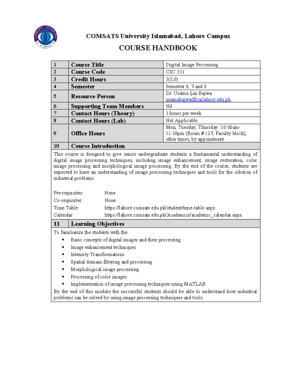 Course Handbook - ahndbook - COMSATS University Islamabad, Lahore ...