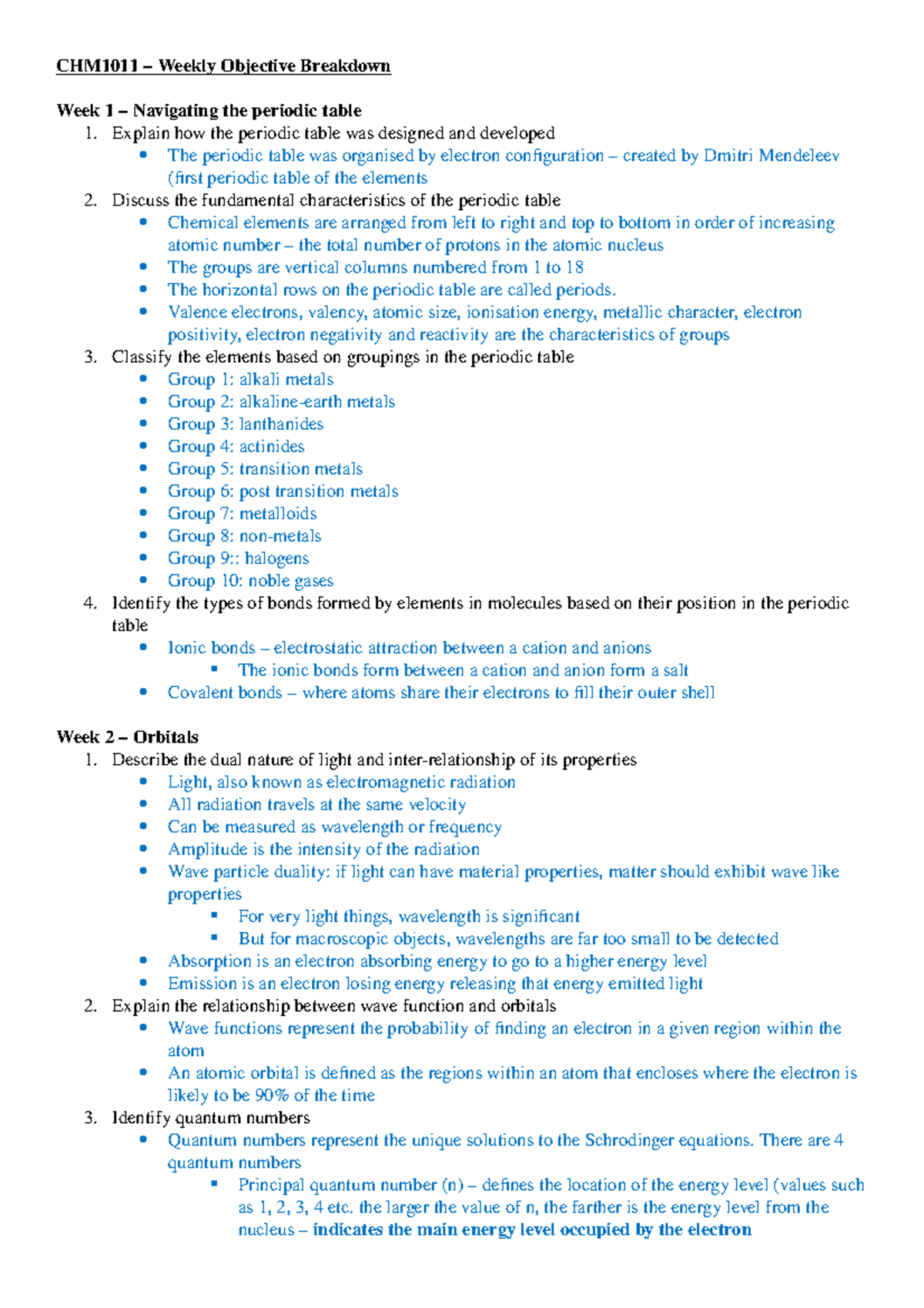 CHM1011 - Weekly Summaries 1 and 2 - CHM1011 – Weekly Objective Breakdown Week 1 – Navigating ...