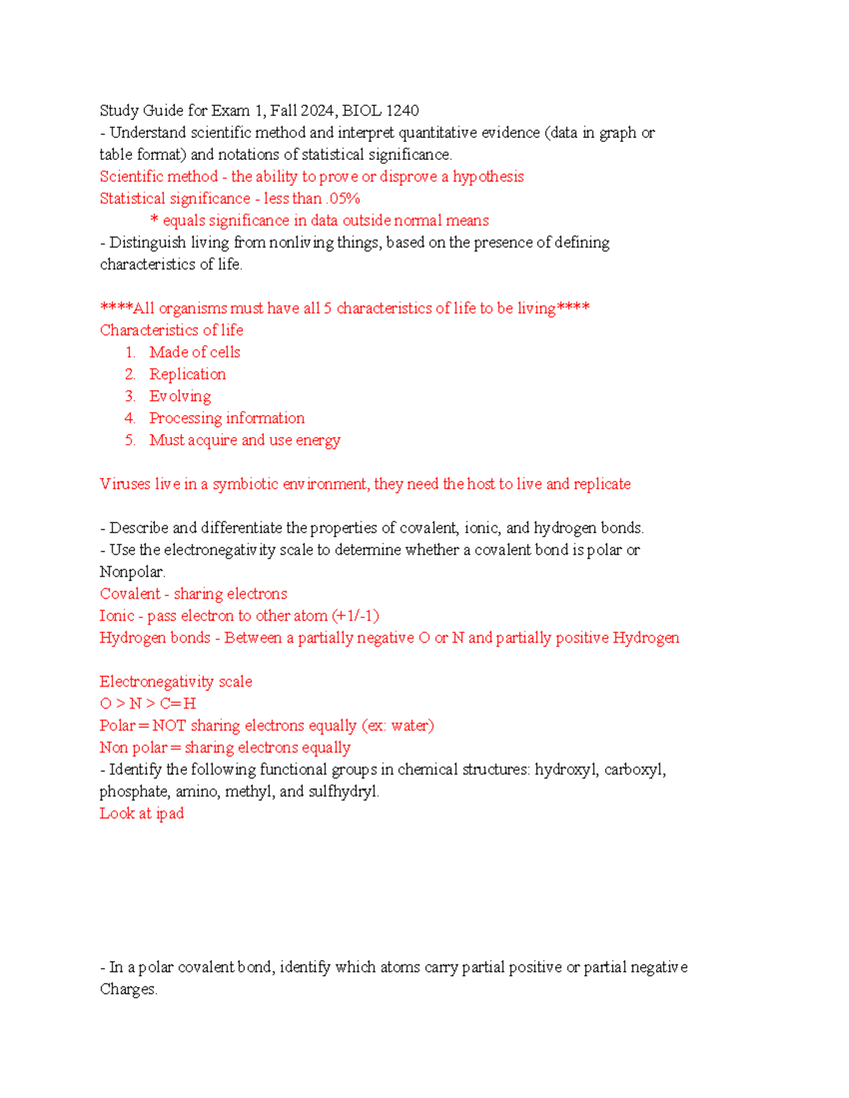 Study Guide for Bio Exam 1 - Study Guide for Exam 1, Fall 2024, BIOL ...