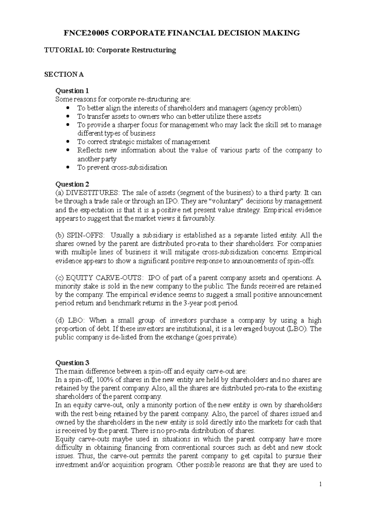 Tutorial 10 Part A Solutions - FNCE20005 CORPORATE FINANCIAL DECISION ...