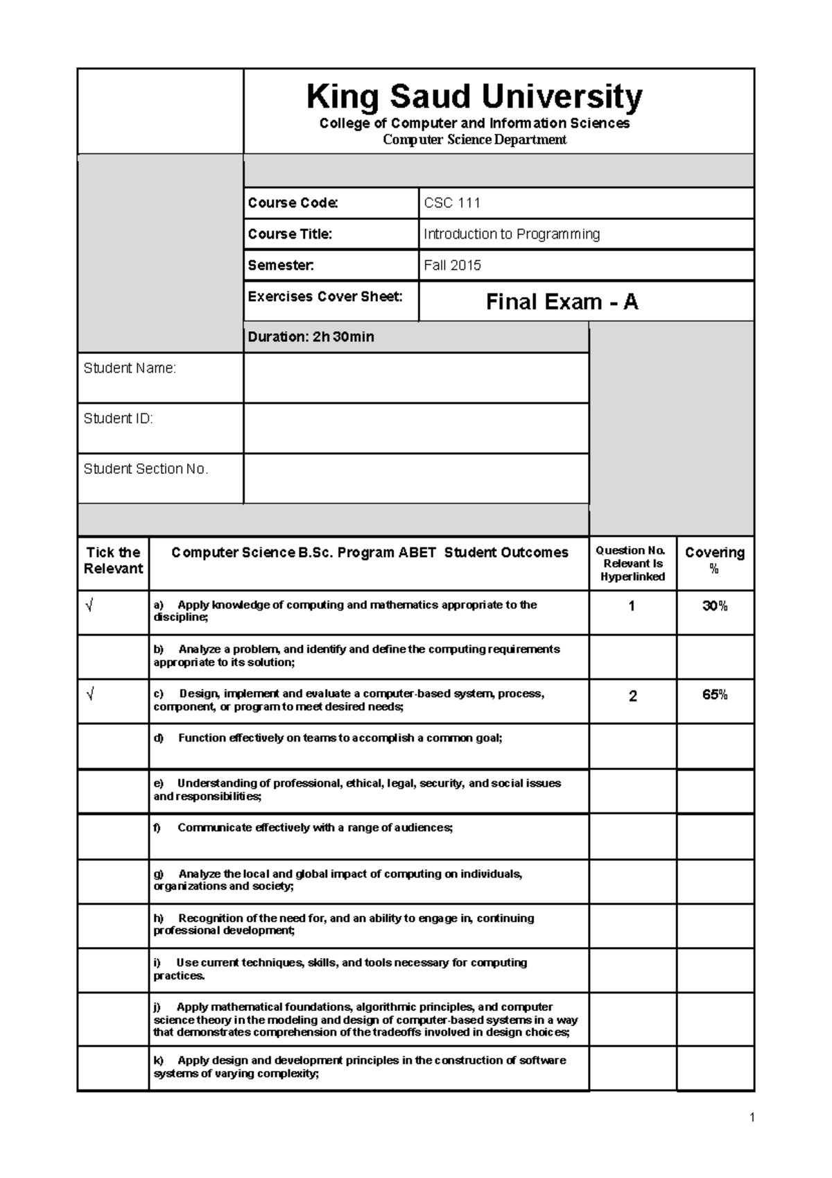 CSC111 Fall15Final-A - King Saud University College of Computer and ...