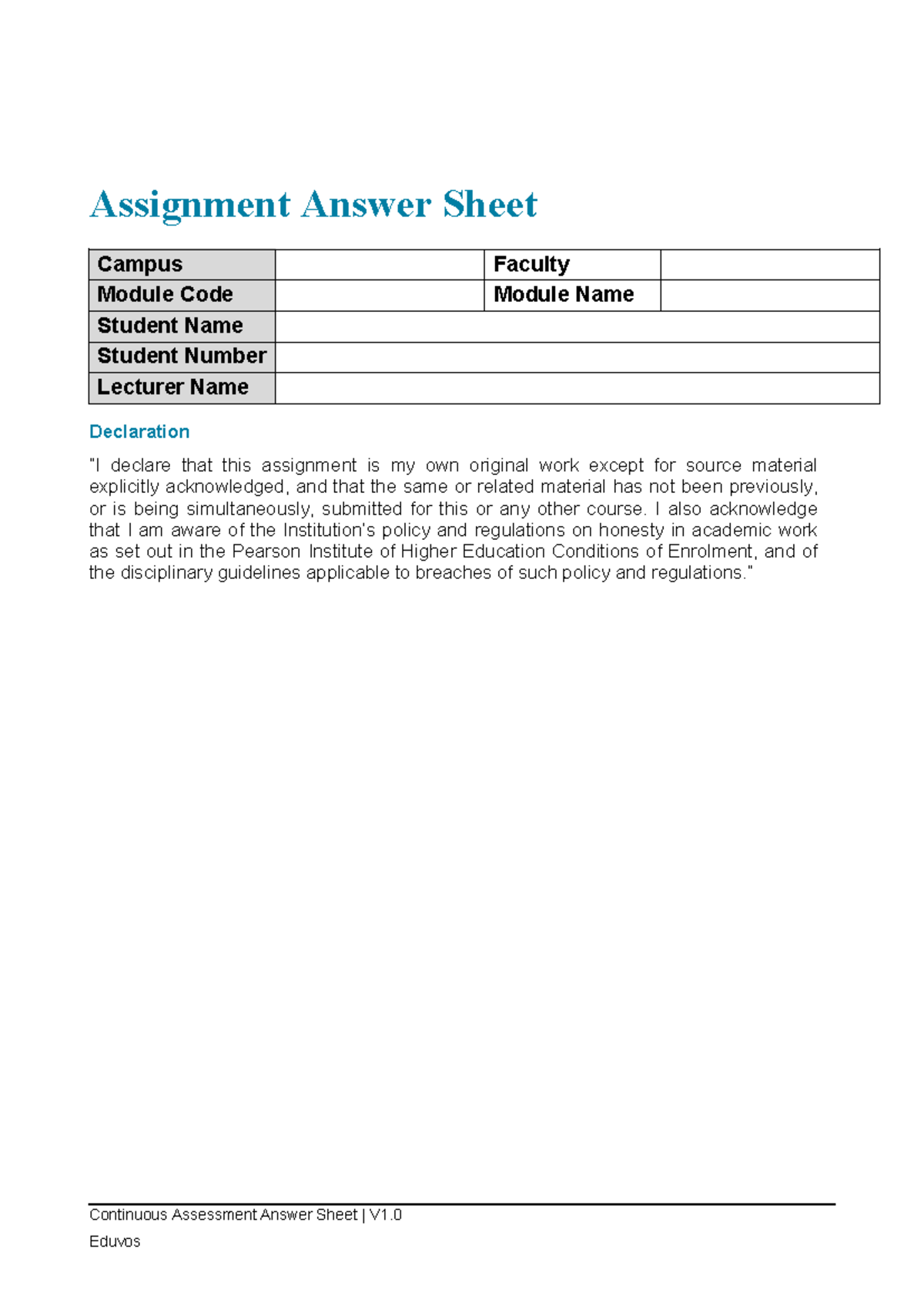 Lecturer assessment Answer Sheet - Assignment Answer Sheet Campus ...