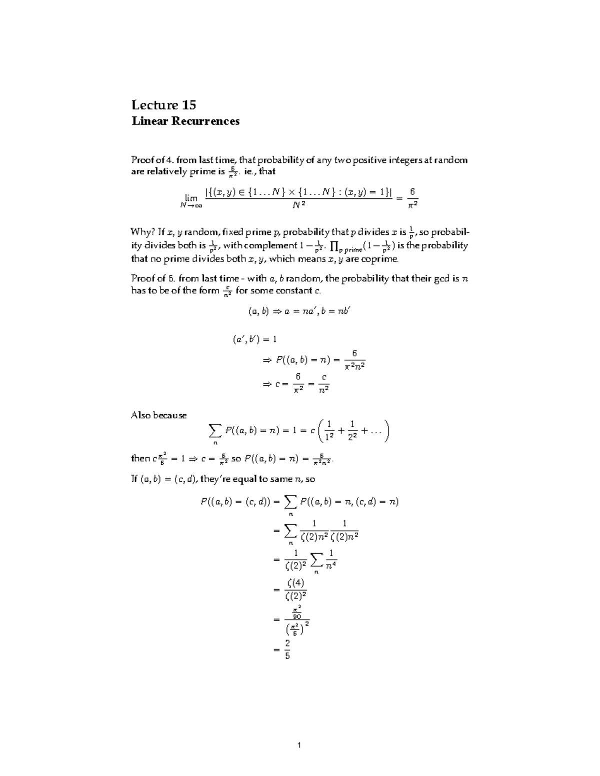 Theory Of Numbers Lecture 15 - Lecture 15 Linear Recurrences Proof of 4. from last time, that ...