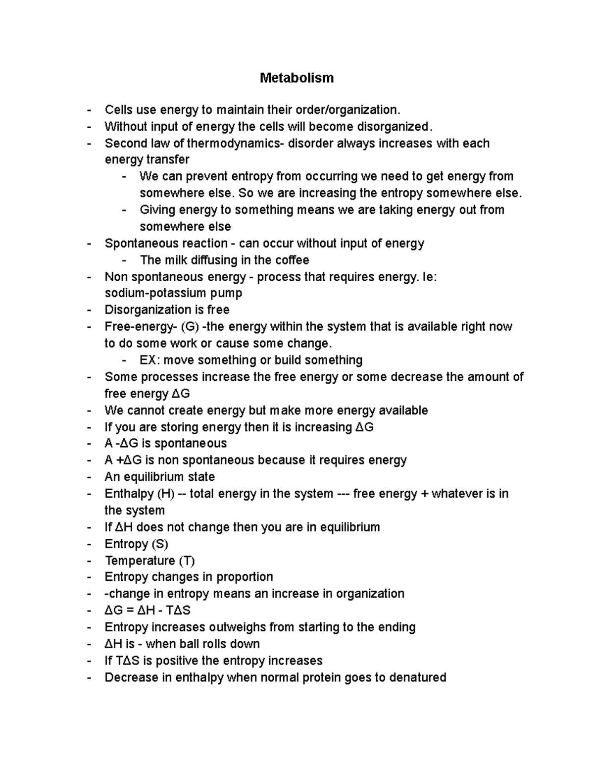 Bio Chapter 8 notes - Metabolism Cells use energy to maintain their ...