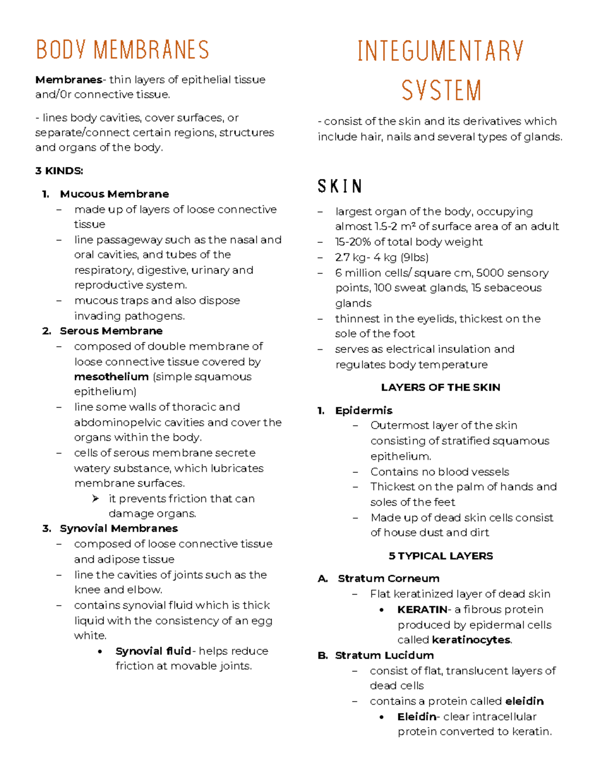 Integumentary System - Body membranes Membranes- thin layers of ...