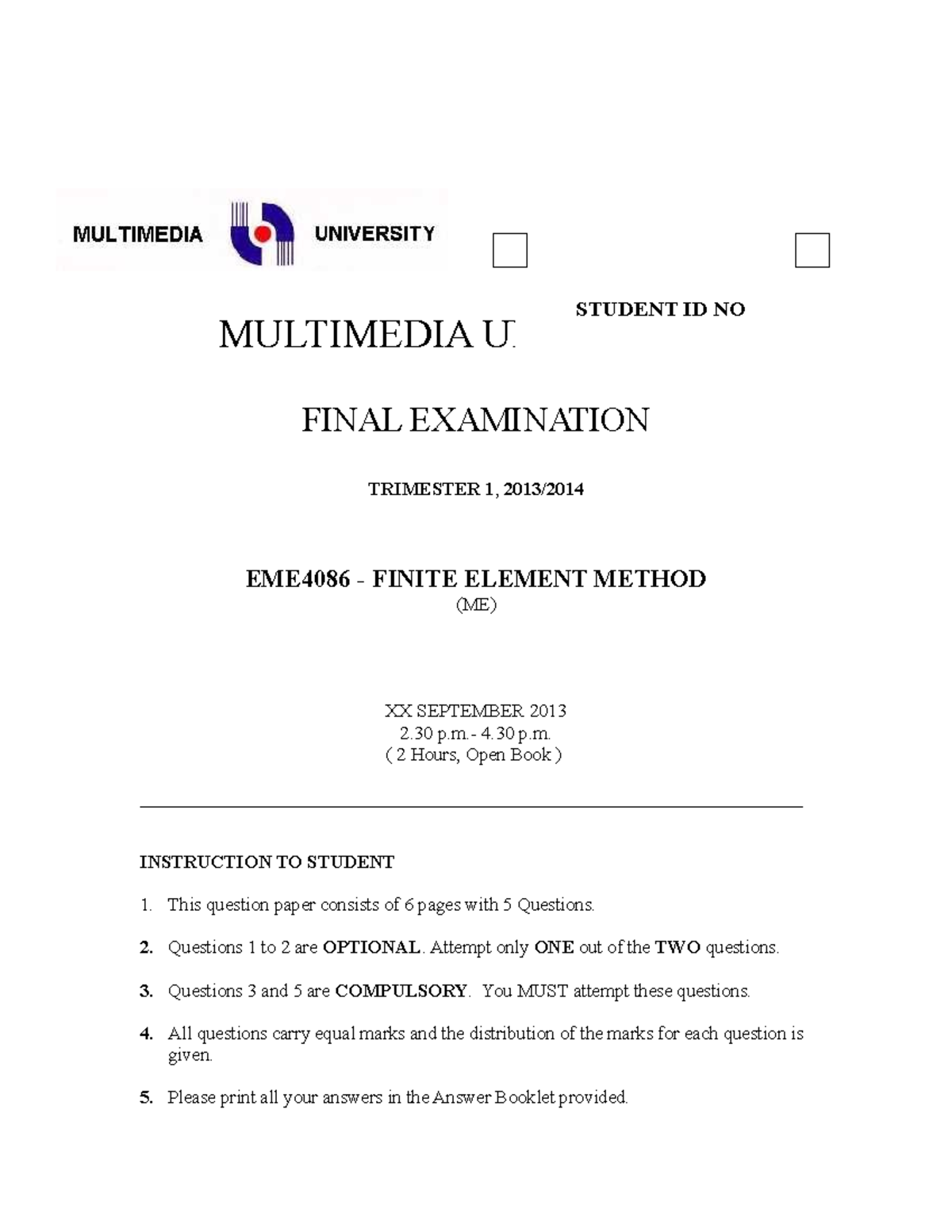 Sample/practice exam September 2013, questions - STUDENT ID NO ...