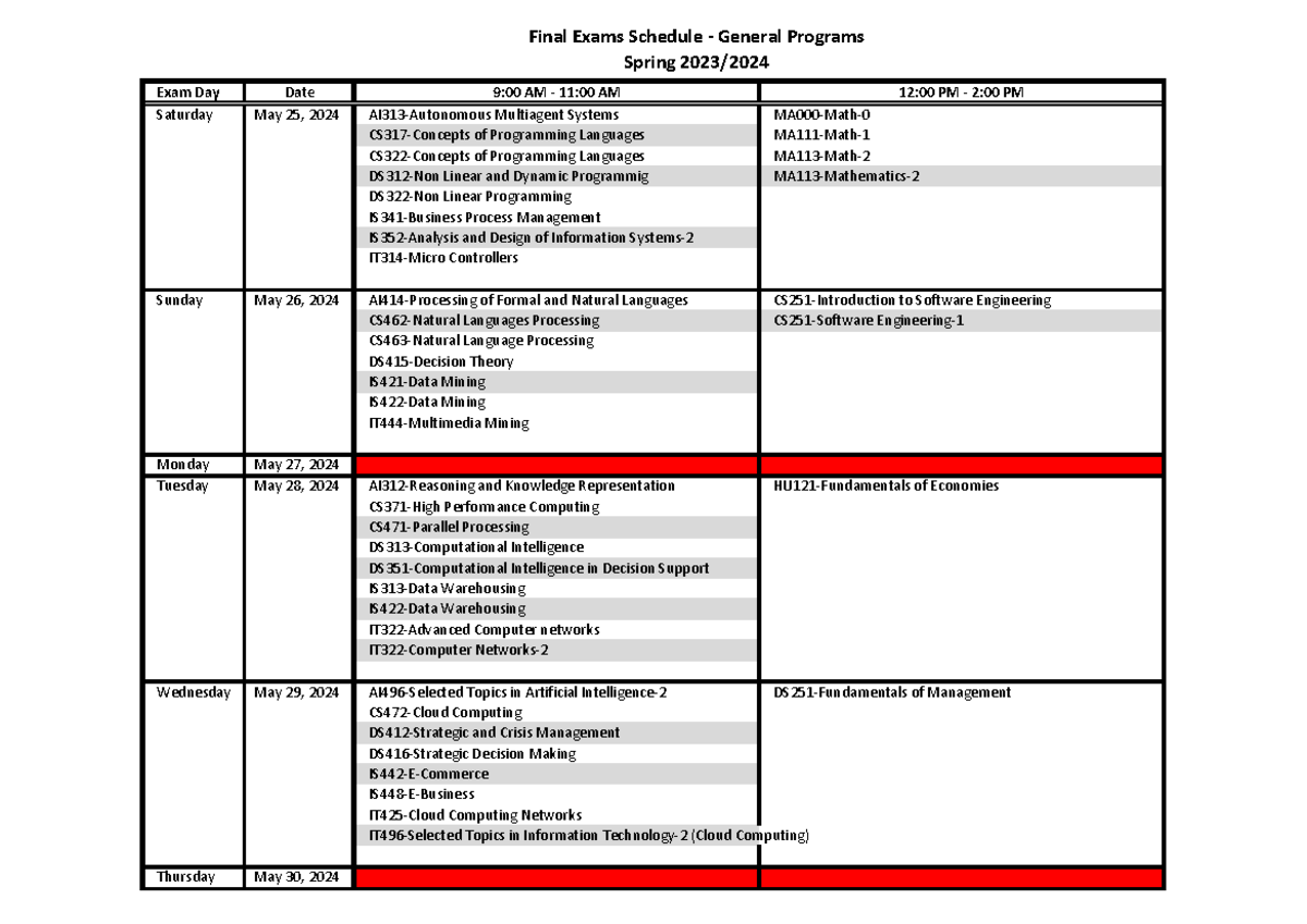 Final Exams Schedule - Spring 2023-2024 - General Programs - Final Exams Schedule - General ...
