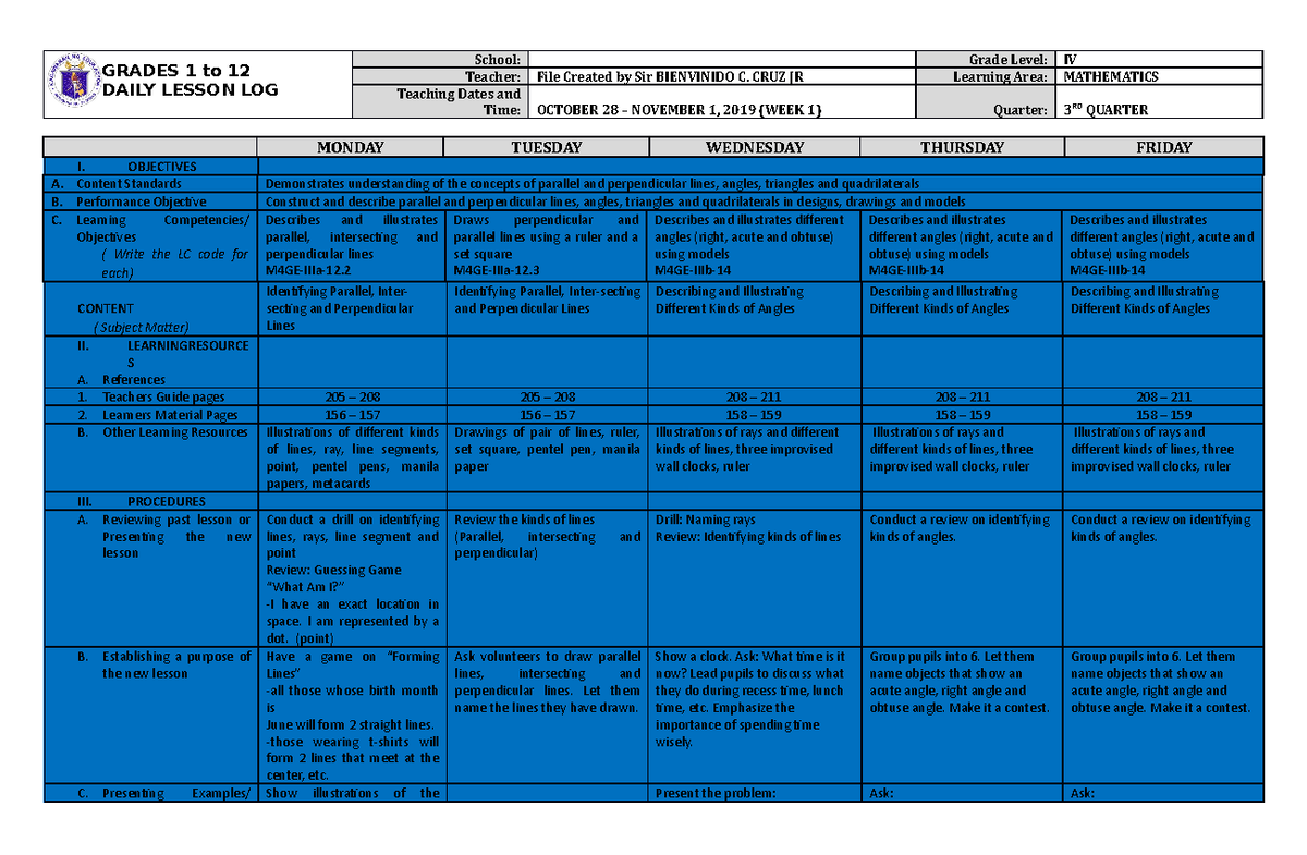 DLL Mathematics 4 Q3 W1 - practice material - GRADES 1 to 12 DAILY ...