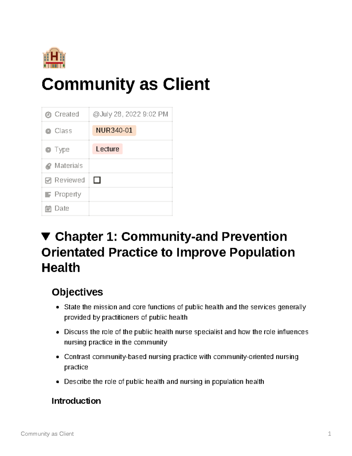 Community Unit 1 - Ø Community as Client Created Class NUR340- Type ...