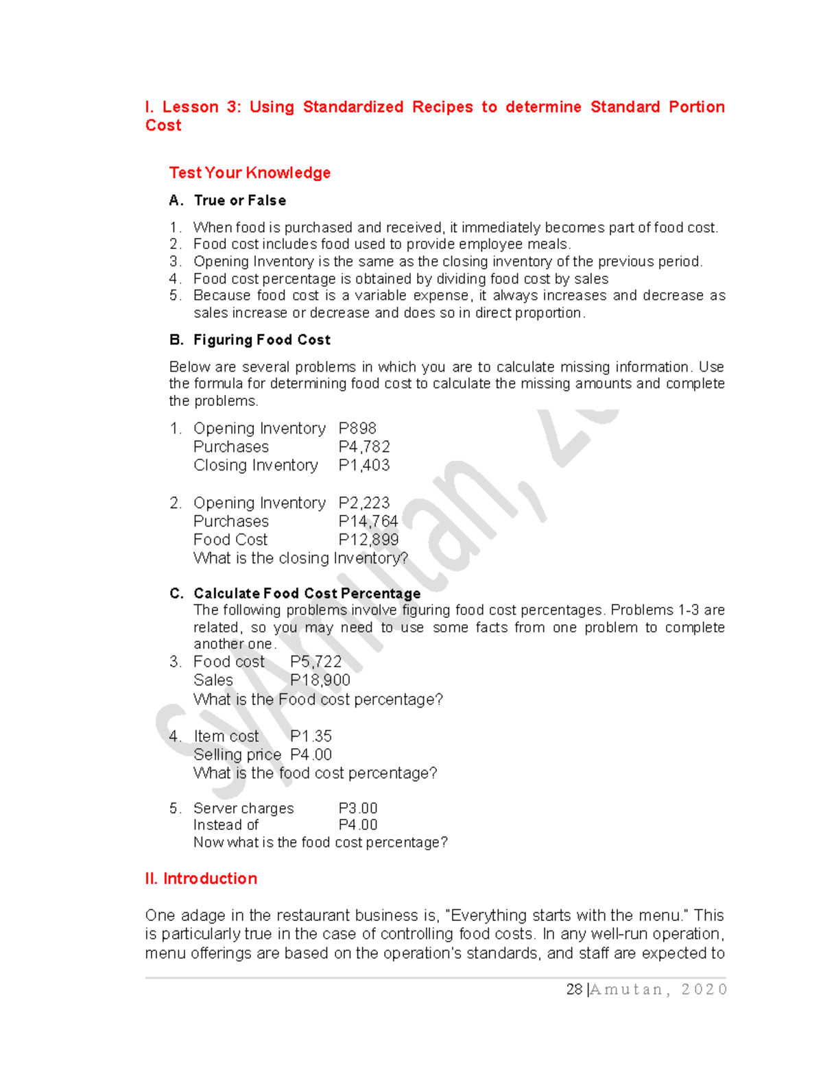 Lesson 3 Using Standardized Recipes to Determine Standard Portion Cost ...