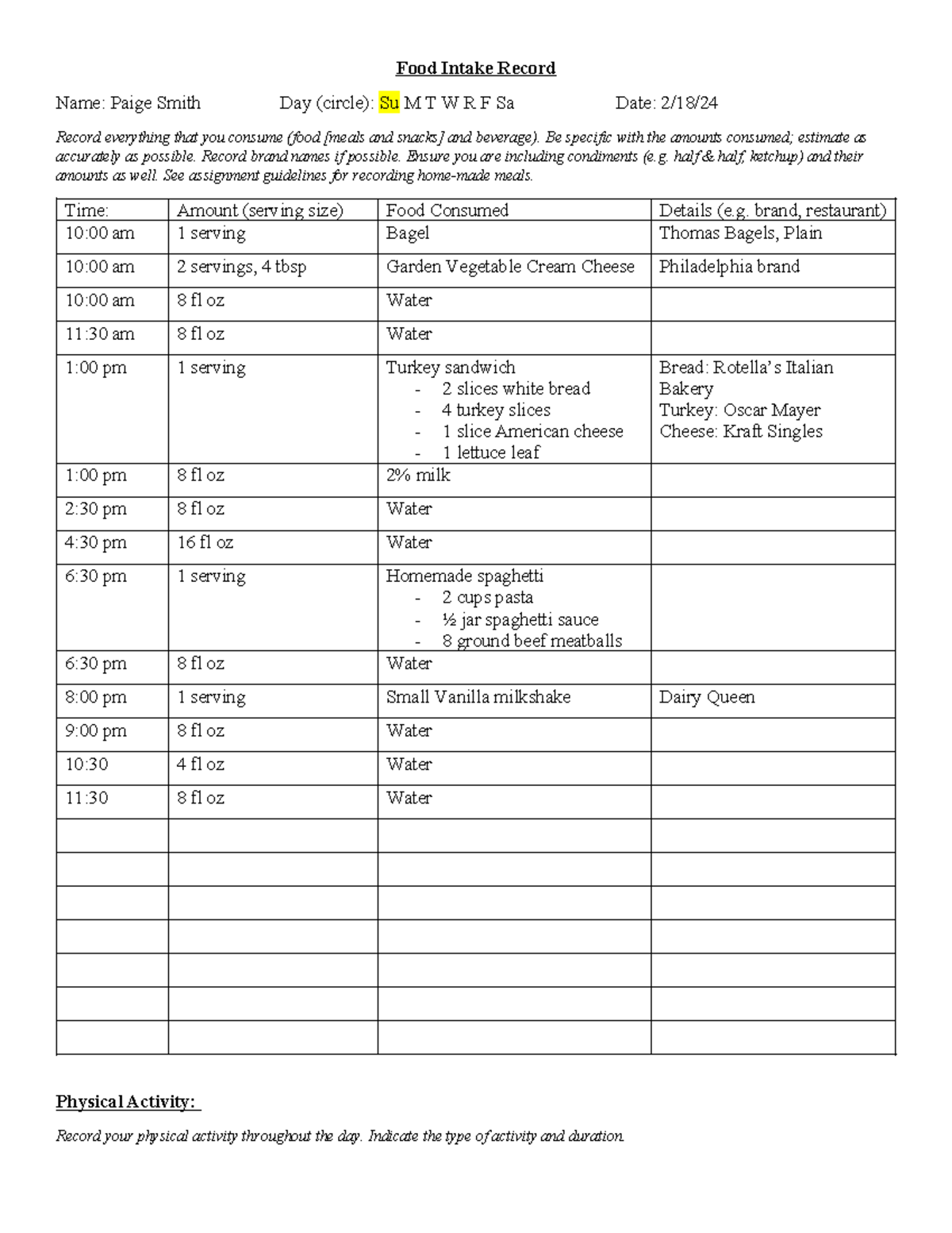 Food Intake Record - Food Intake Record Name: Paige Smith Day (circle ...