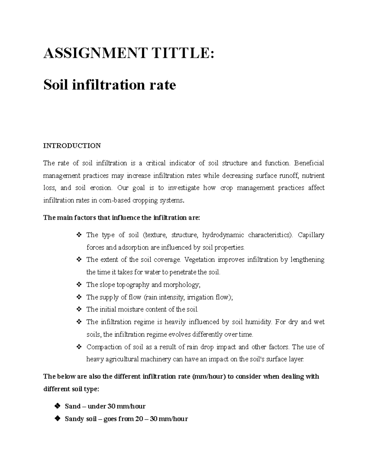 Assignment - LAB REPORT - ASSIGNMENT TITTLE: Soil infiltration rate ...