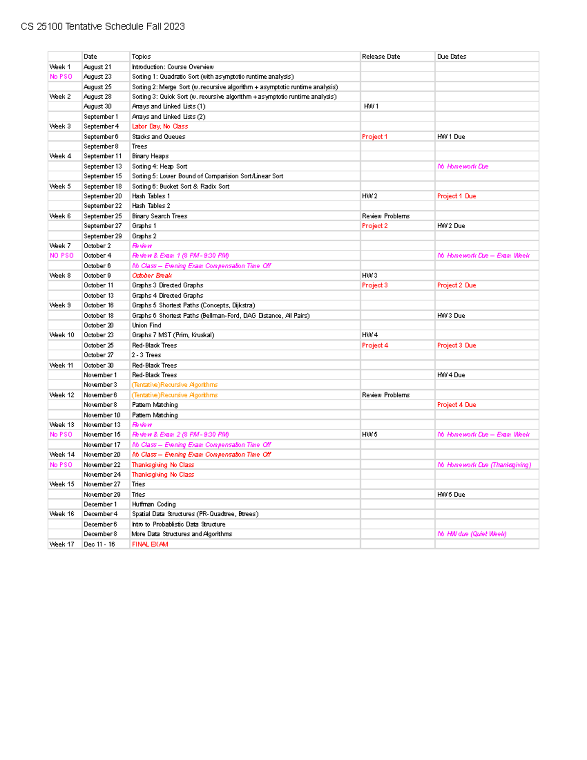 CS 25100 Tentative Schedule Fall 2023 - Printable Version-2 - CS 25100 ...