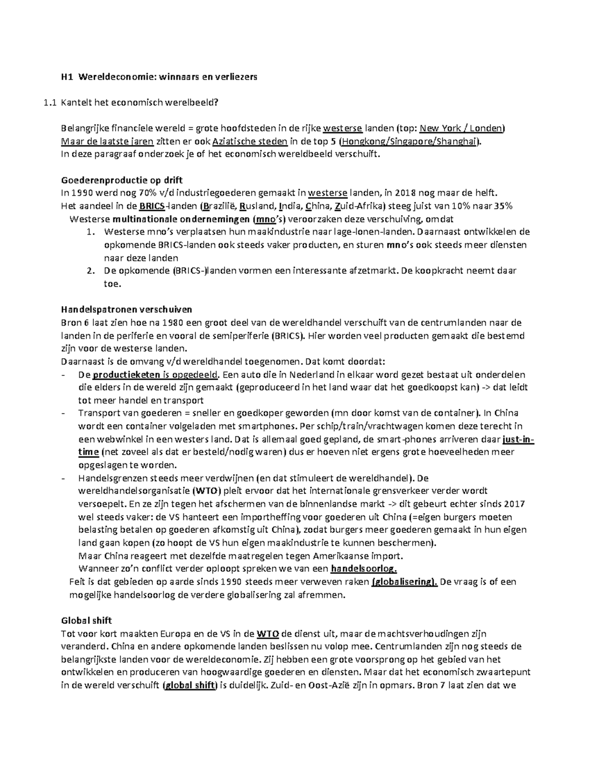 Aardrijkskunde HAVO-3 H1 - H1 Wereldeconomie: winnaars en verliezers 1 ...
