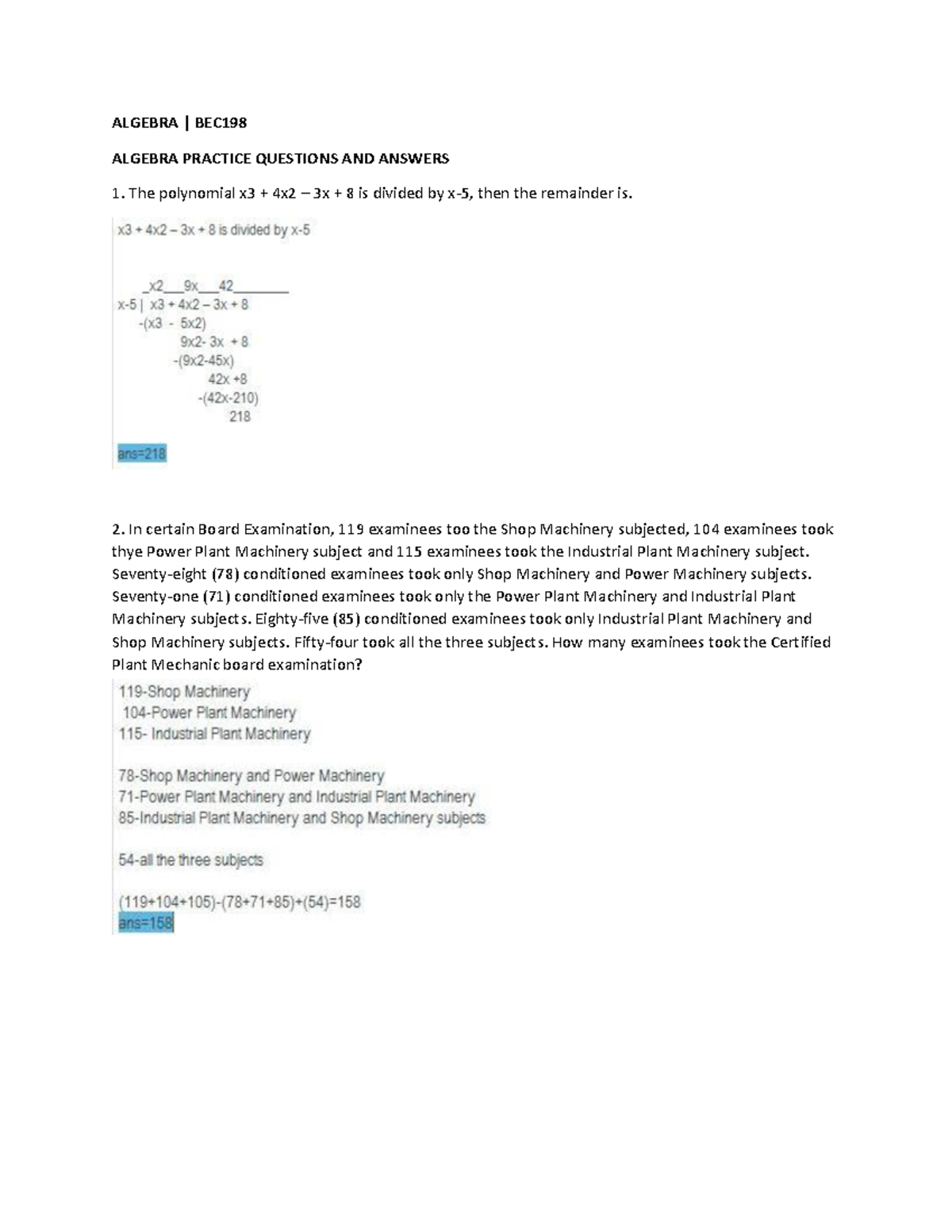 Algebra Practice Problems with Solution - ALGEBRA | BEC ALGEBRA ...