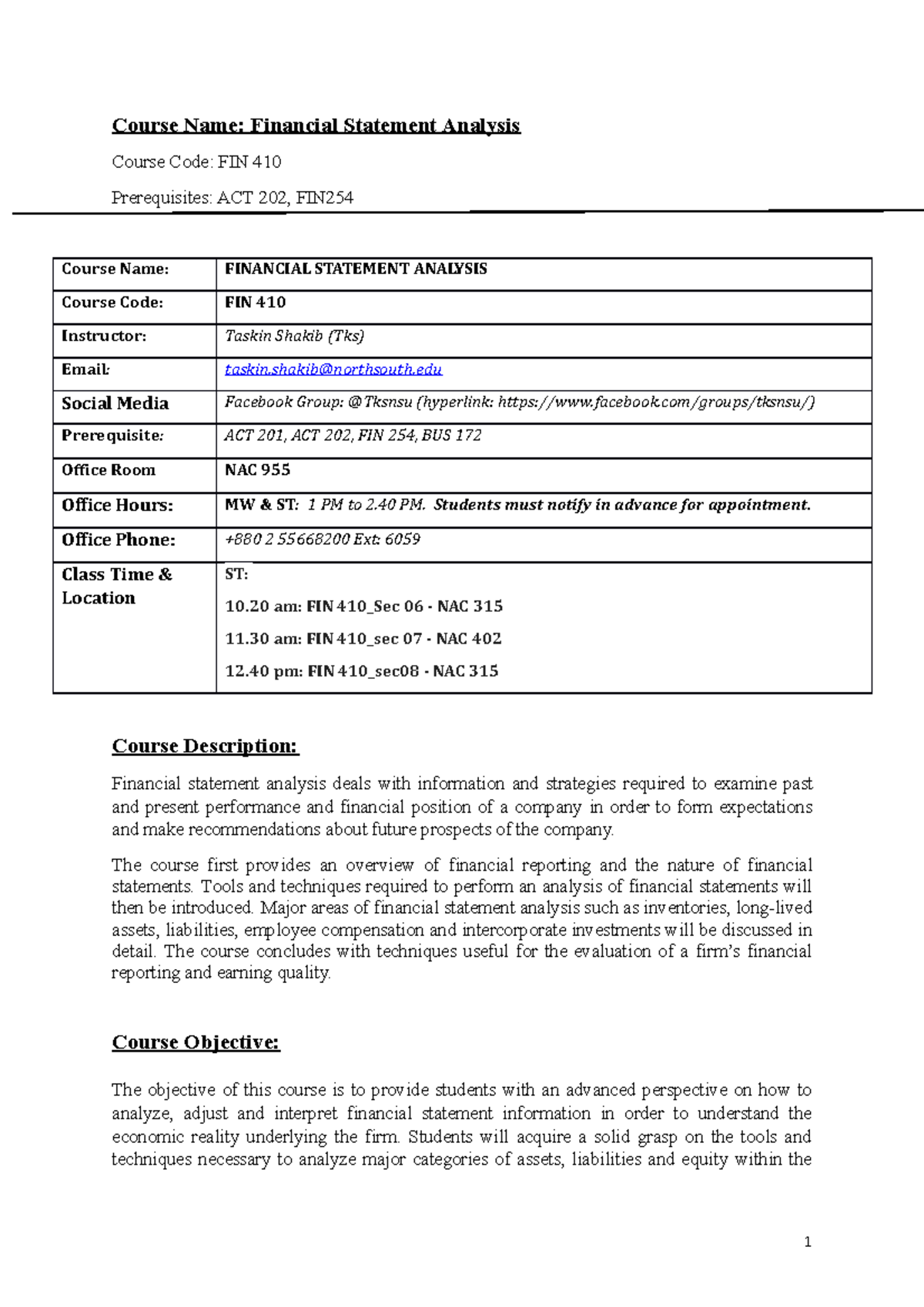 FIN 410 Course Outline - Course Name: Financial Statement Analysis ...