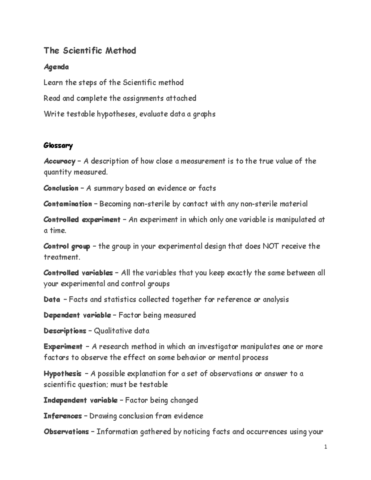 Lab 1 Scientific Method Report- Dunigan - The Scientific Method Agenda ...