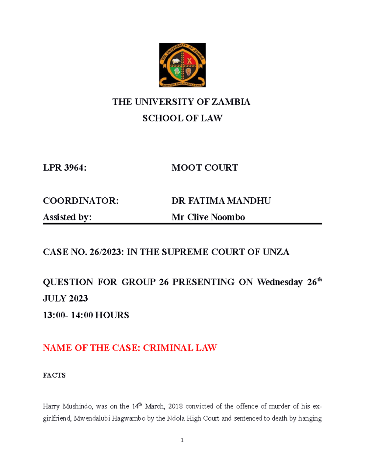 MOOT Court Question 26 fulltime 2023 - THE UNIVERSITY OF ZAMBIA SCHOOL ...