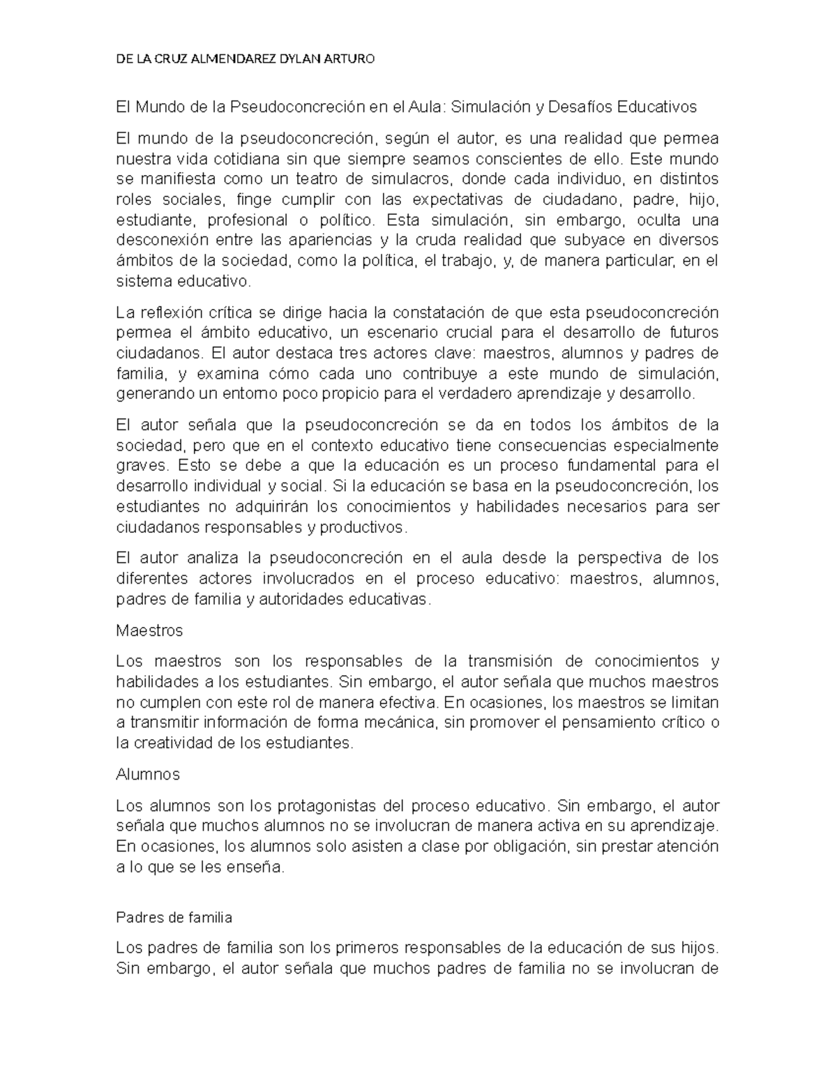 Ensayo sobre El Mundo de la Pseudoconcreción en el Aula - DE LA CRUZ ...