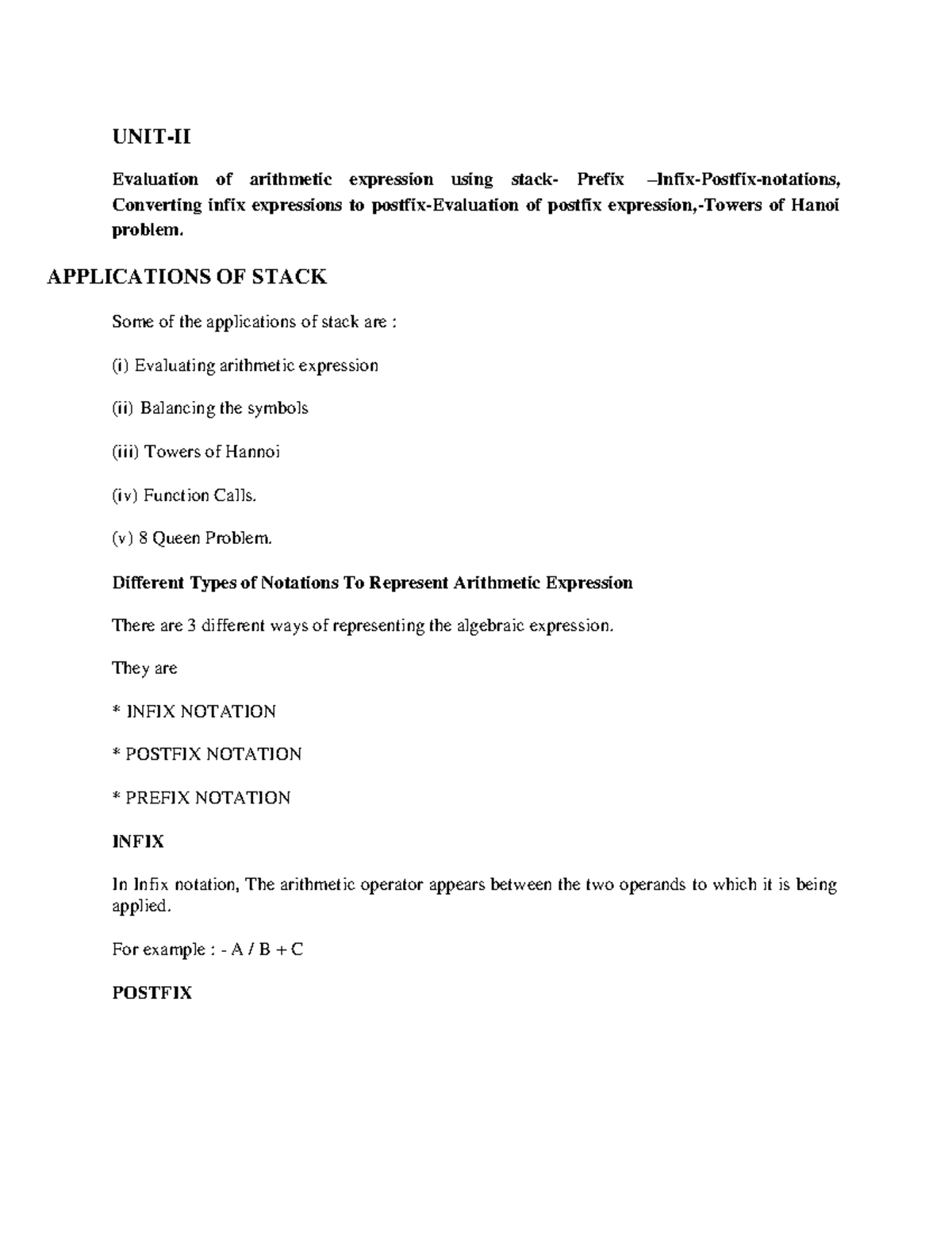 Unit 2 Of Fundamentals Of Data Structures Unit Ii Evaluation Of