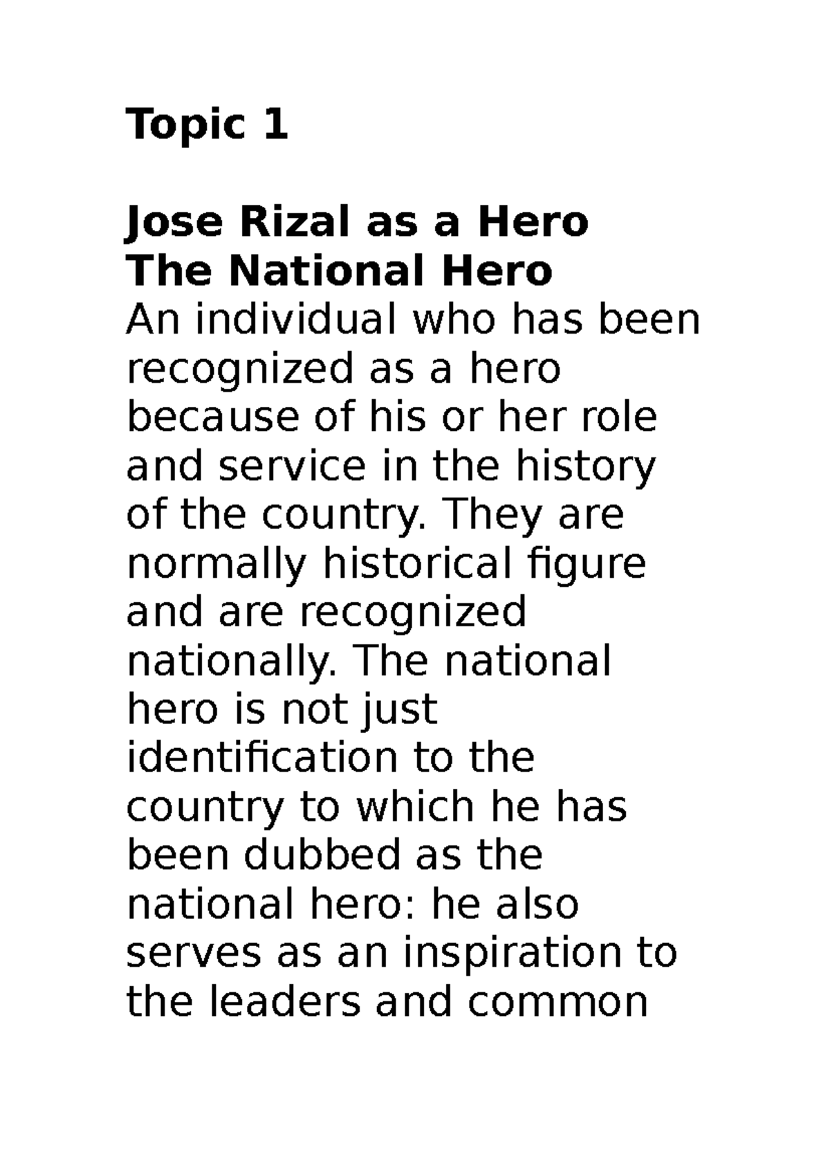 Rizal's Work (Topic 1) - notes - Topic 1 Jose Rizal as a Hero The ...