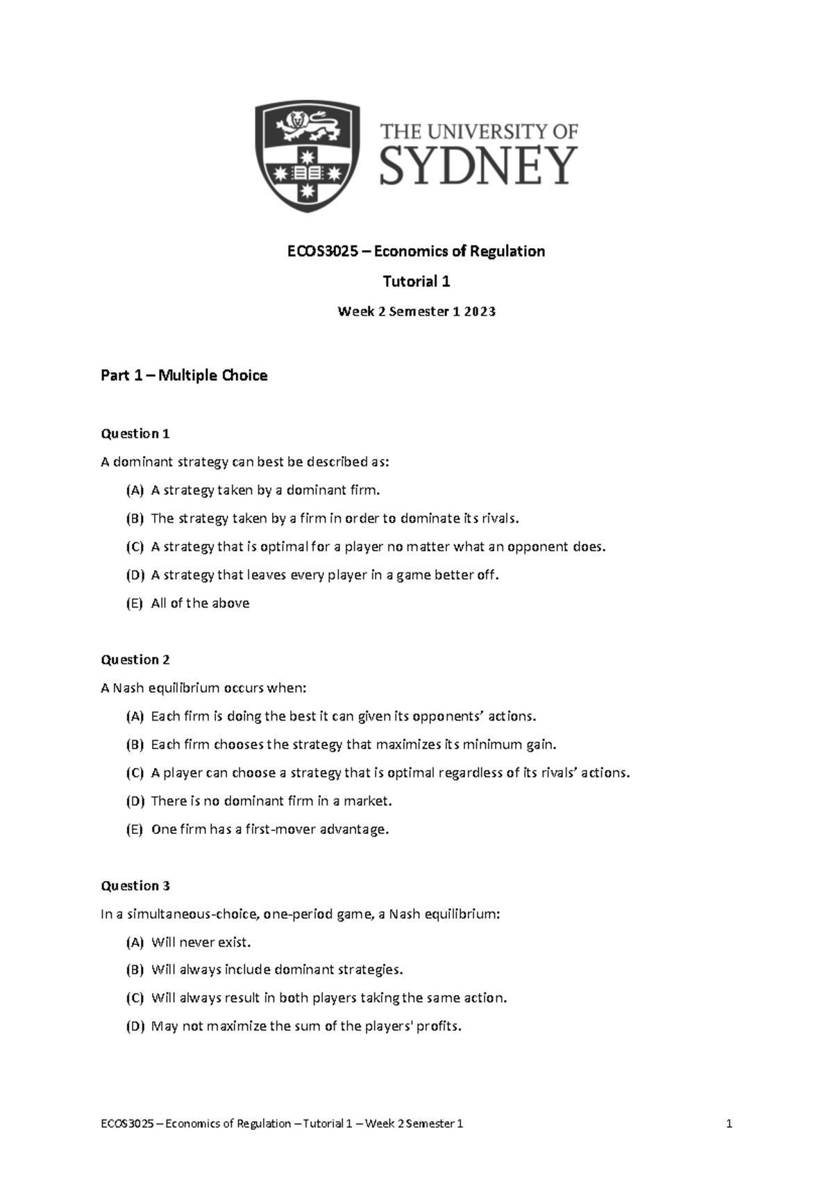 ECOS3025 Tutorial 1 Week 2-6 - ECOS3025 – Economics of Regulation ...
