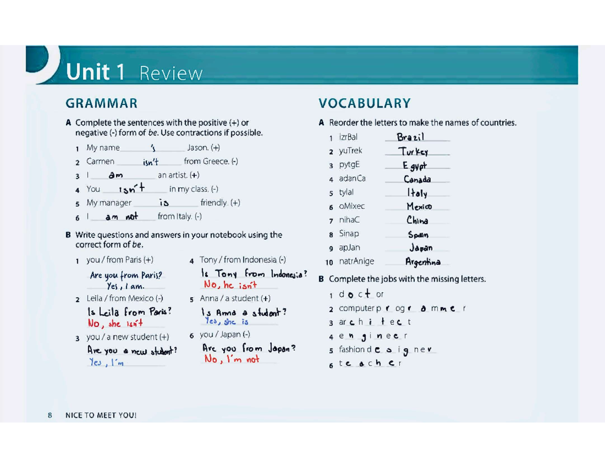Review-AMMZ-U1 - Unit 1 Review GRAMMAR VOCABULARY A Complete the ...