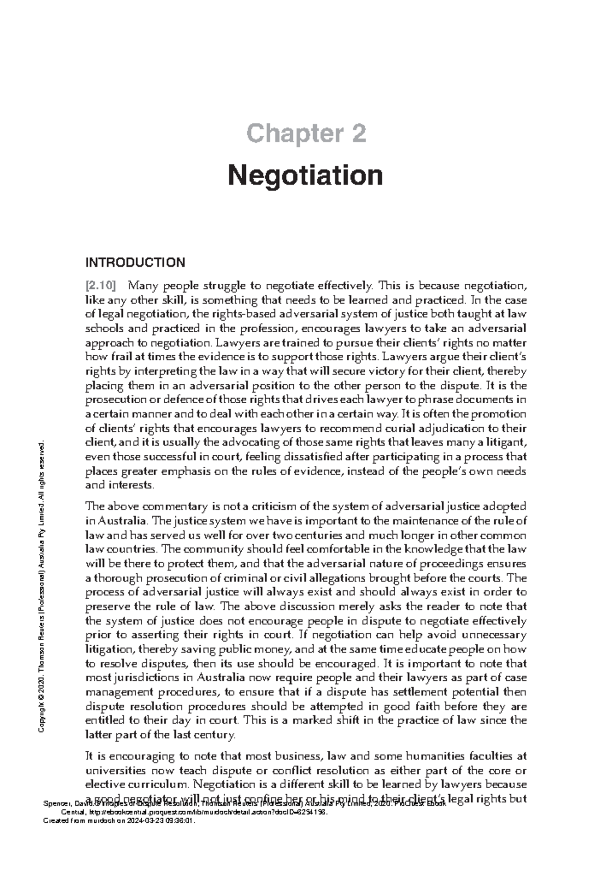 Principles of Dispute Resolution - (2 Negotiation) - Chapter 2 Negotiation INTRODUCTION [2] Many ...