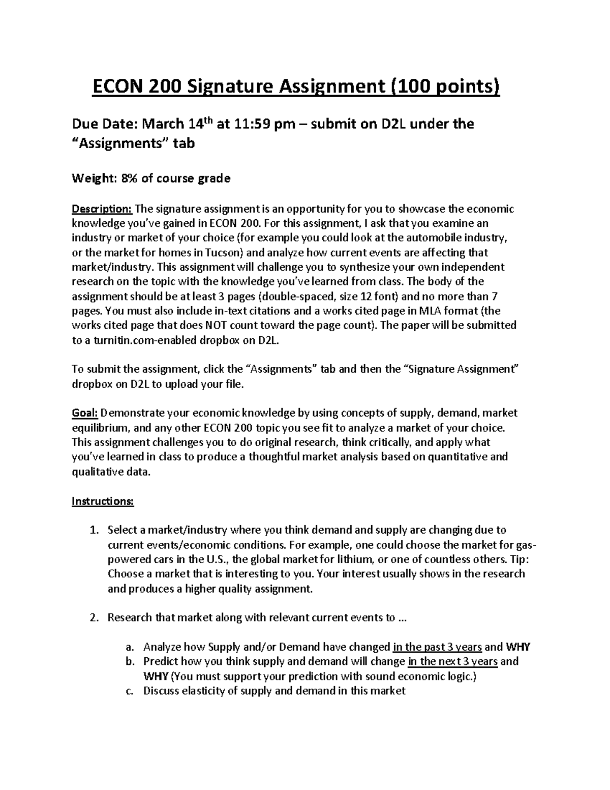 ECON 200 Signature Assignment instructions - ECON 200 Signature Assignment (100 points) Due Date ...