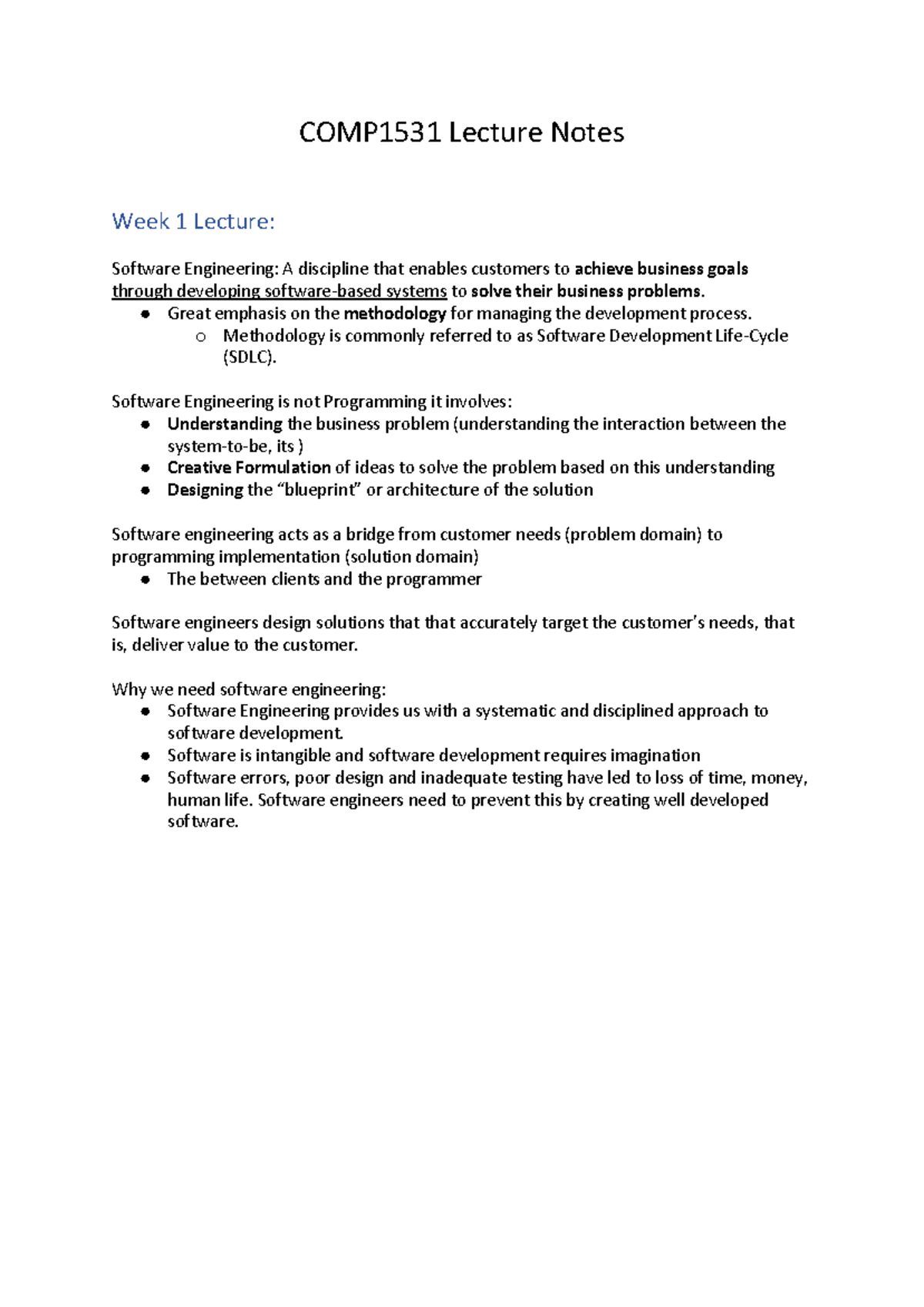 COMP1531 Notes - COMP1531 Lecture Notes Week 1 Lecture: Software ...