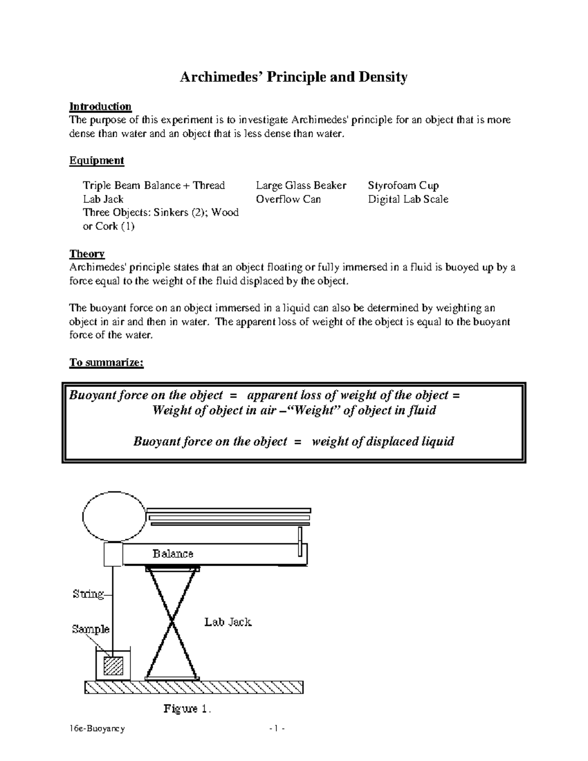 16e buoyancy phy - Archimedes’ Principle and Density Introduction The purpose of this experiment ...
